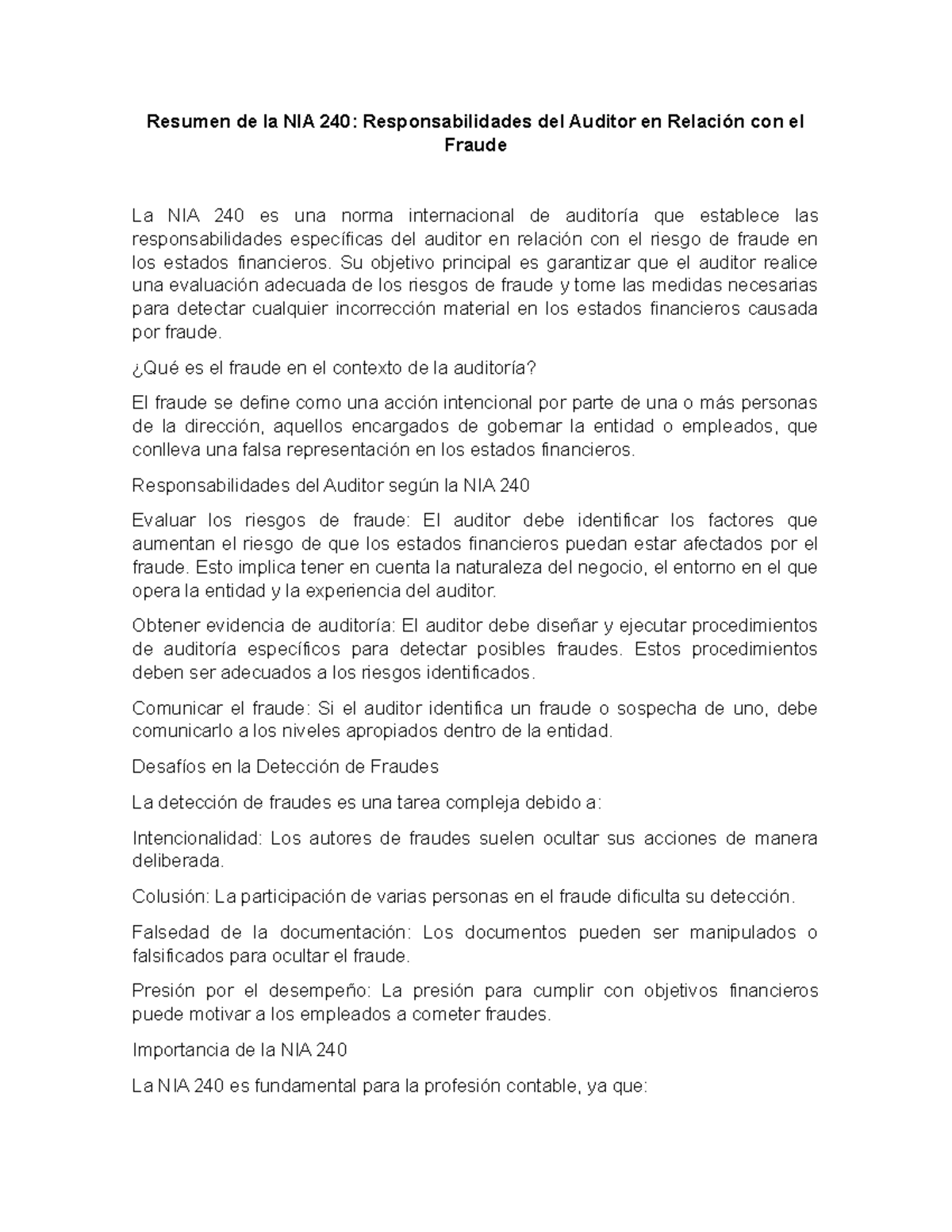 NIA 240 - tarea - Resumen de la NIA 240: Responsabilidades del Auditor ...