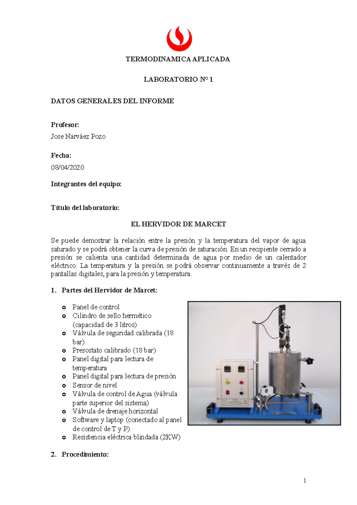 Laboratorio N°1- Termodinamica Aplicada - TERMODINAMICA APLICADA LABORATORIO N° 1 DATOS ...