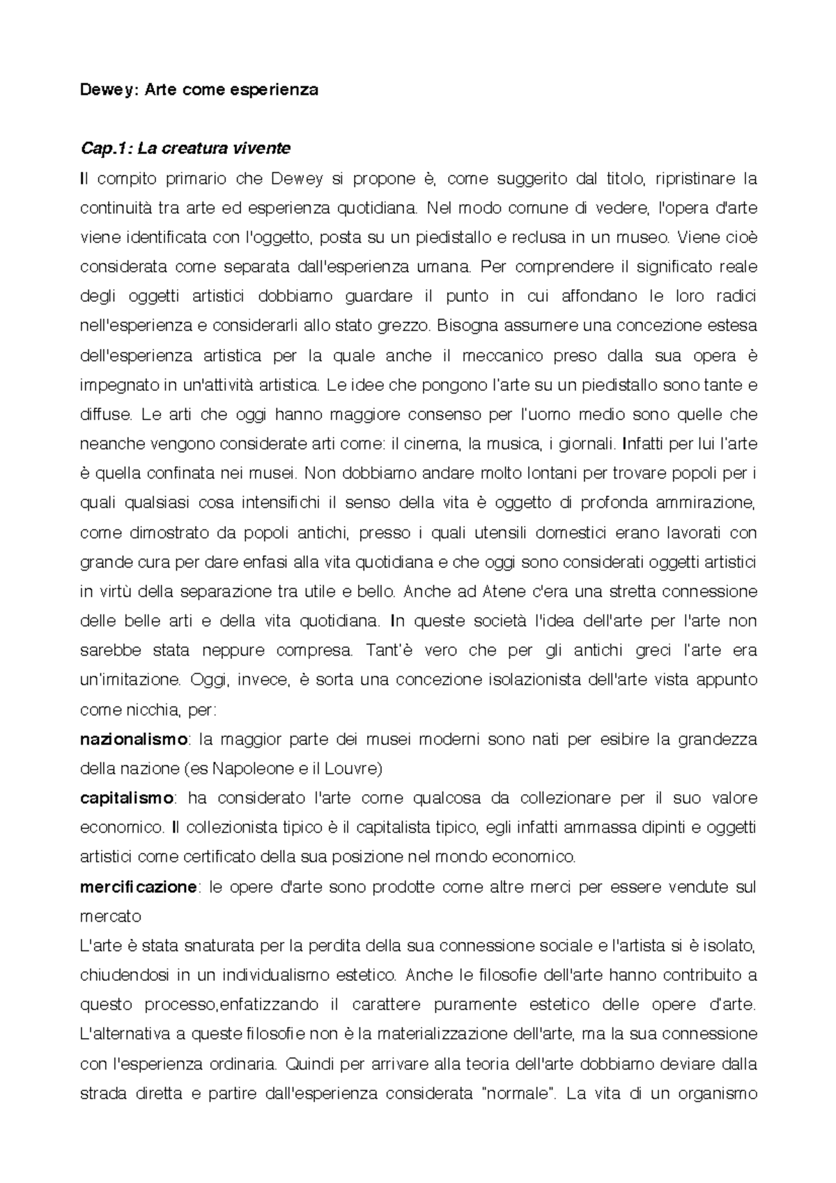 Arte come esperienza John Dewey - Dewey: Arte come esperienza Cap: La creatura vivente Il ...