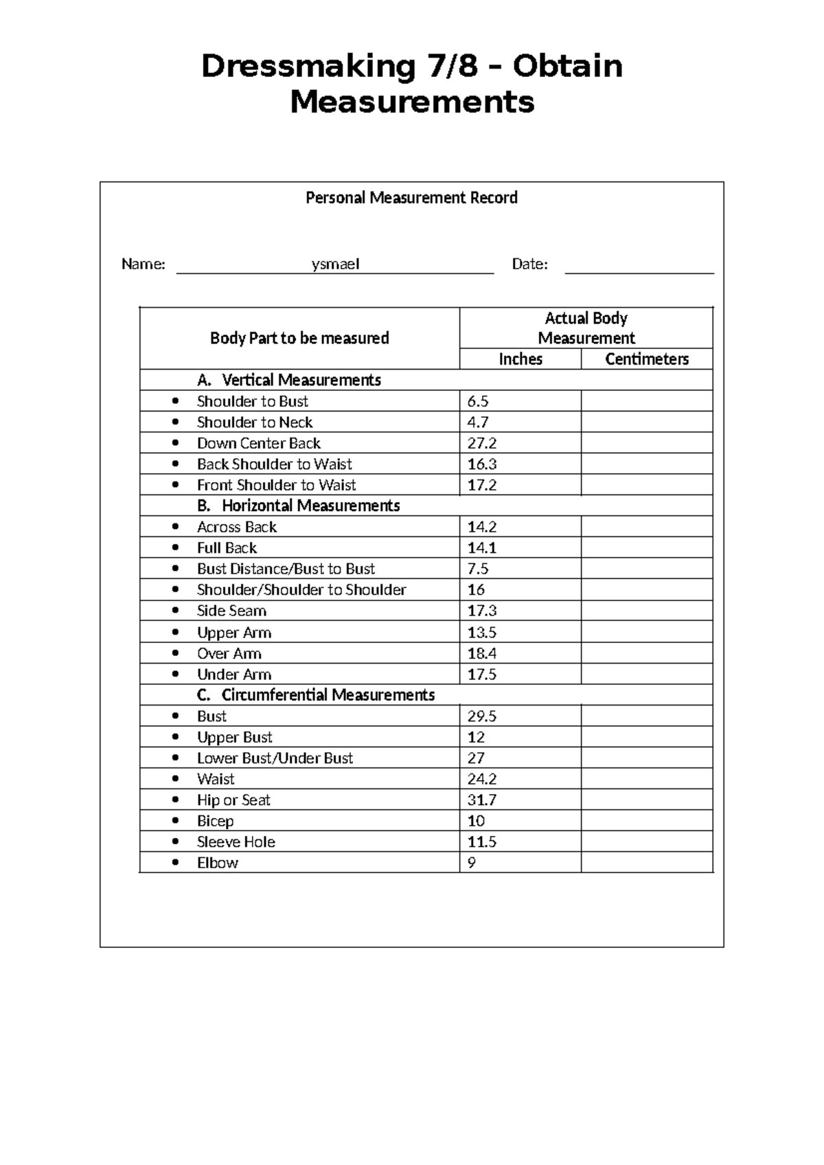Dressmaking 7 and 8 PT 1 - Dressmaking 7/8 – Obtain Measurements ...