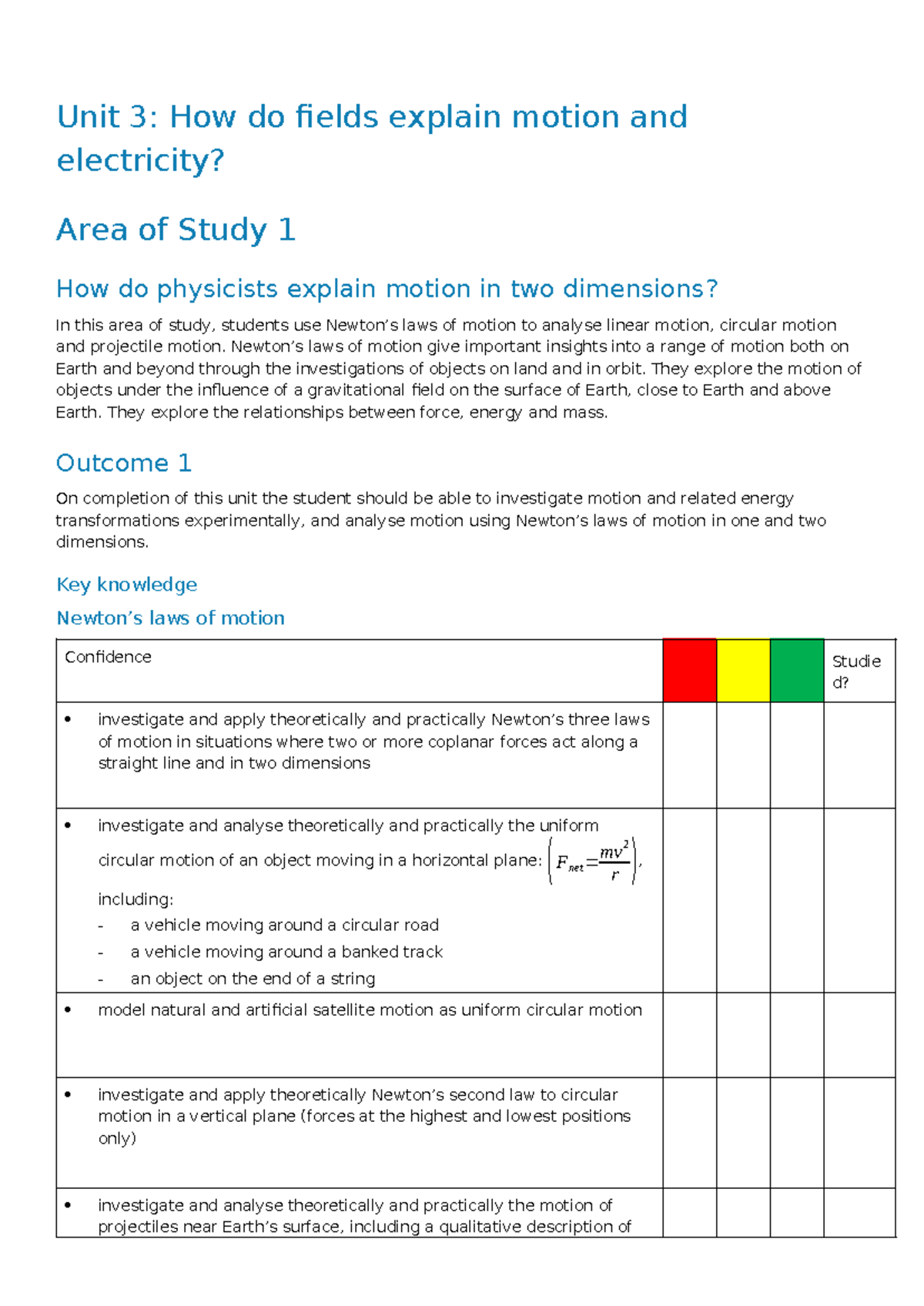 Physics checklist - Unit 3: How do fields explain motion and ...