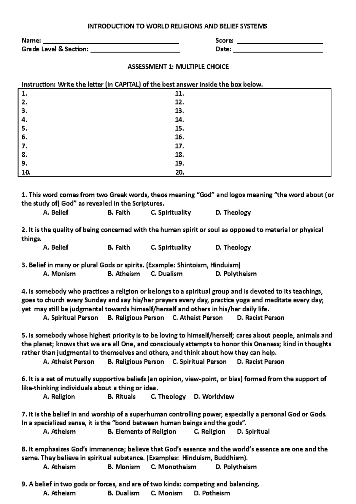 Assessment 1 G11 - Not applicable - INTRODUCTION TO WORLD RELIGIONS AND ...