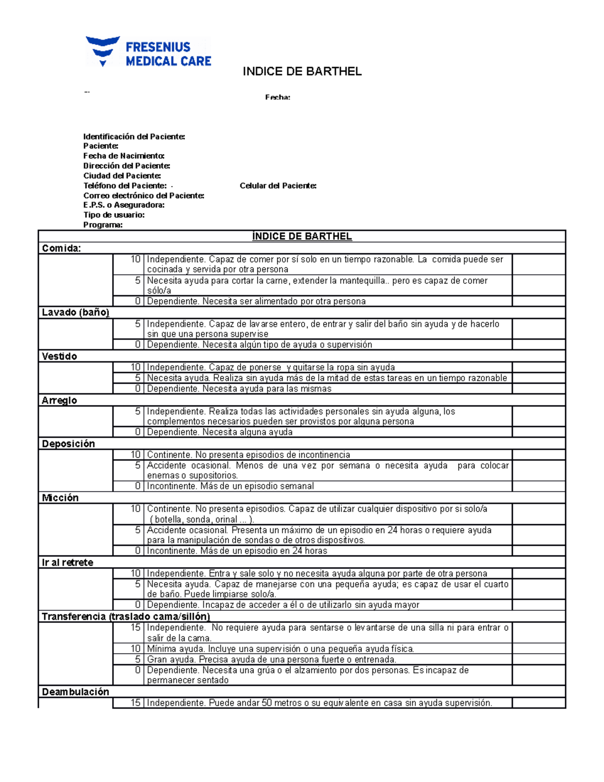 Indice DE Barthel - Formato - INDICE DE BARTHEL INDDD IND Fecha ...