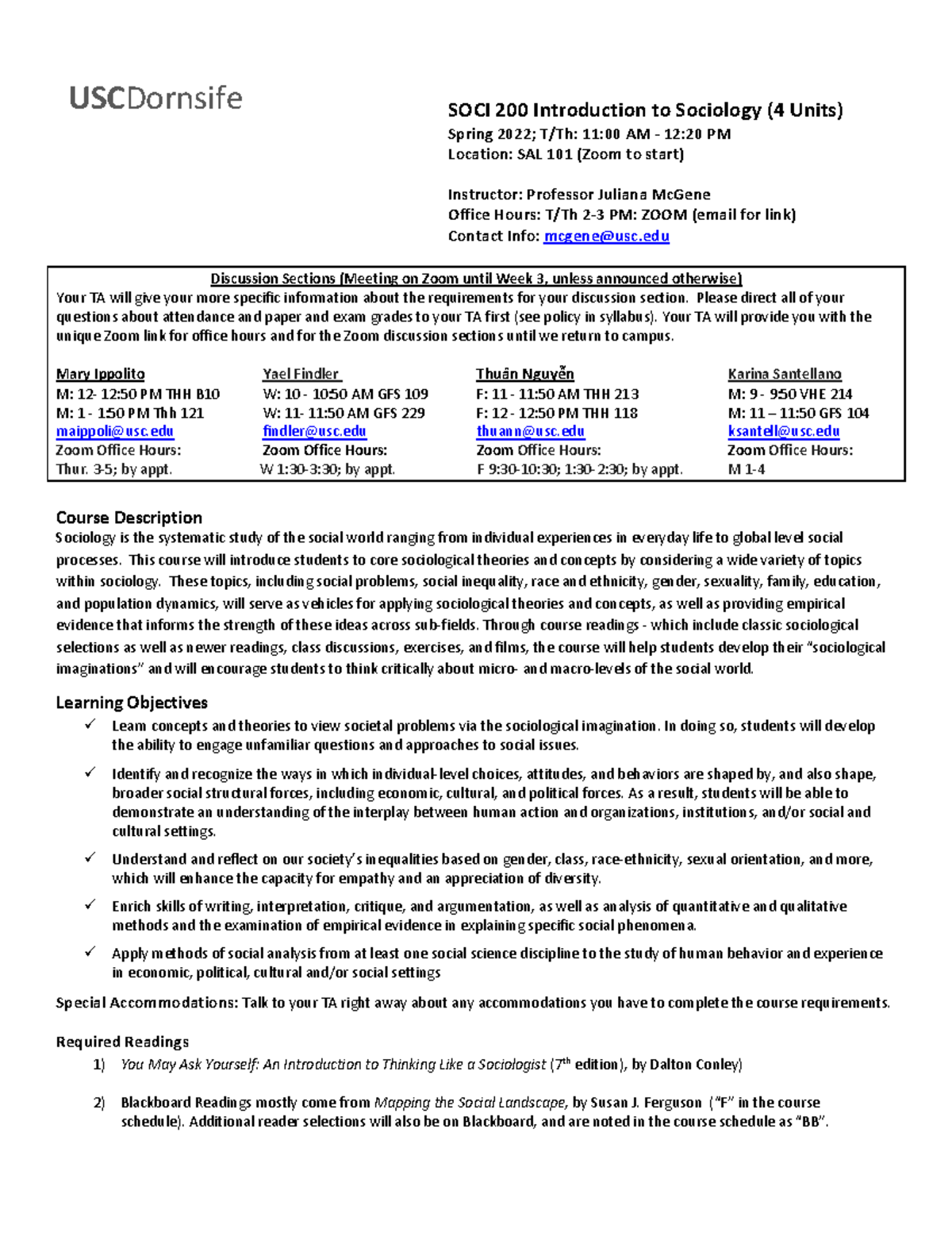 Syllabus - SOCI 200 Introduction to Sociology (4 Units) Spring 2022 ; T ...
