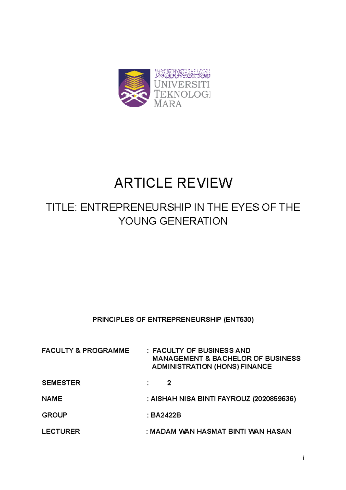 Article Review Report - ARTICLE REVIEW TITLE: ENTREPRENEURSHIP IN THE ...