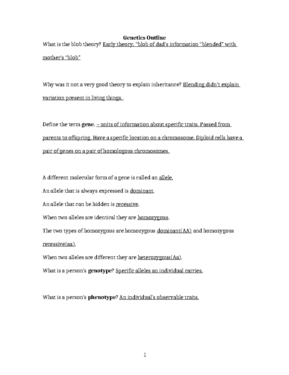 Chapter 11 and 12 outline - Genetics Outline What is the blob theory ...