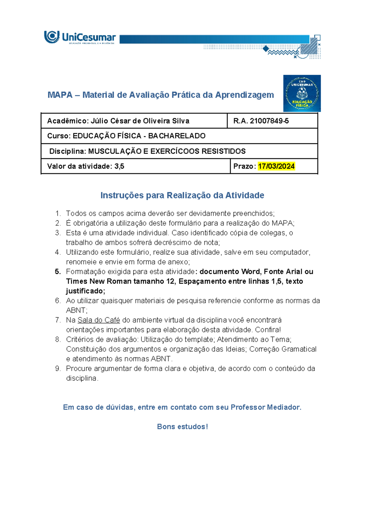 Mapa musculaçao - DDD - MAPA – Material de Avaliação Prática da ...