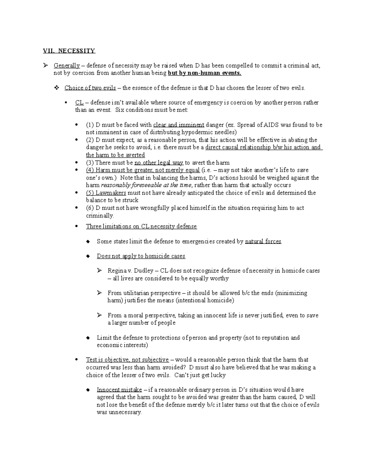 Criminal Law - Prof. Carr 2 - VII. NECESSITY Generally – defense of ...