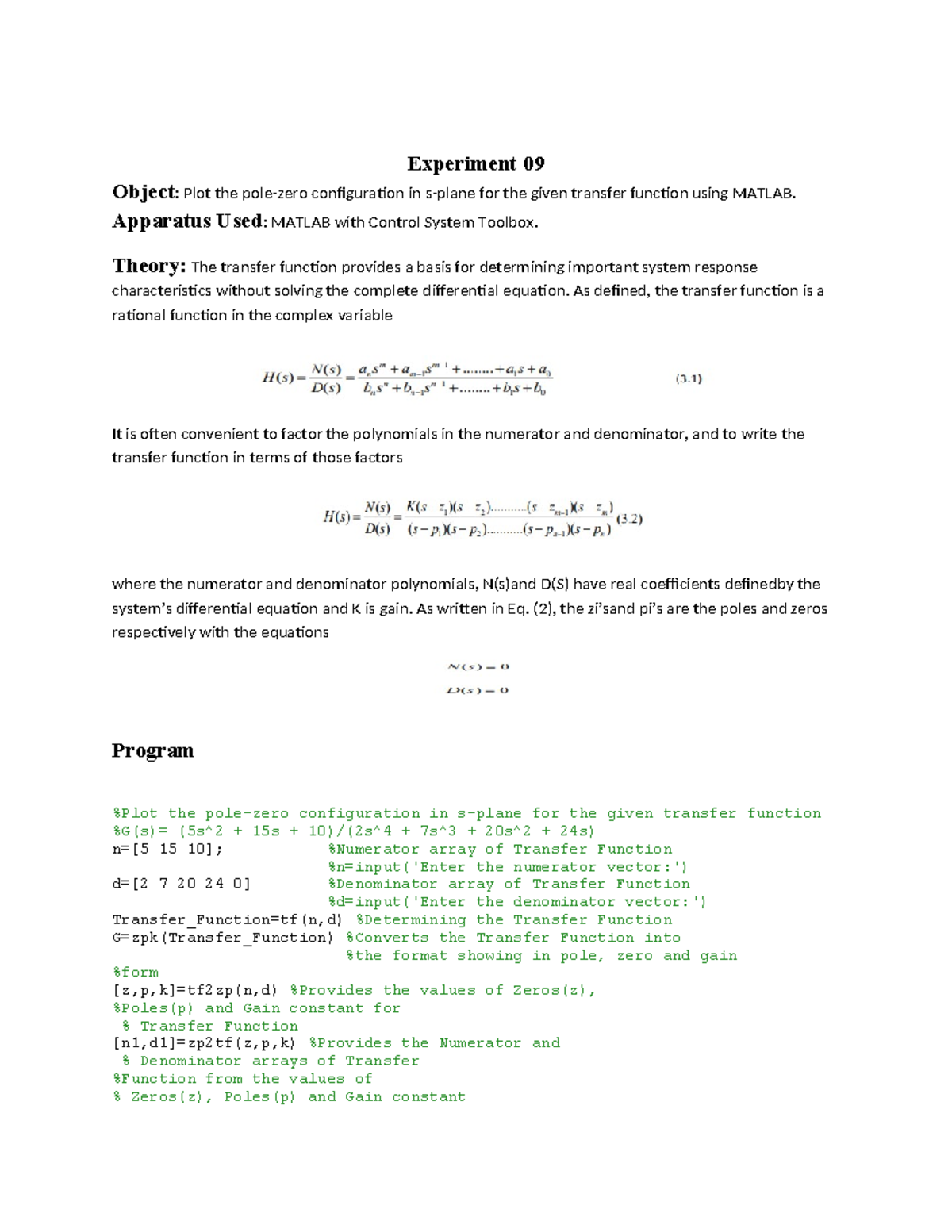 Experiment 01-2 - Very nice - Experiment 09 Object: Plot the pole-zero configuration in s-plane ...