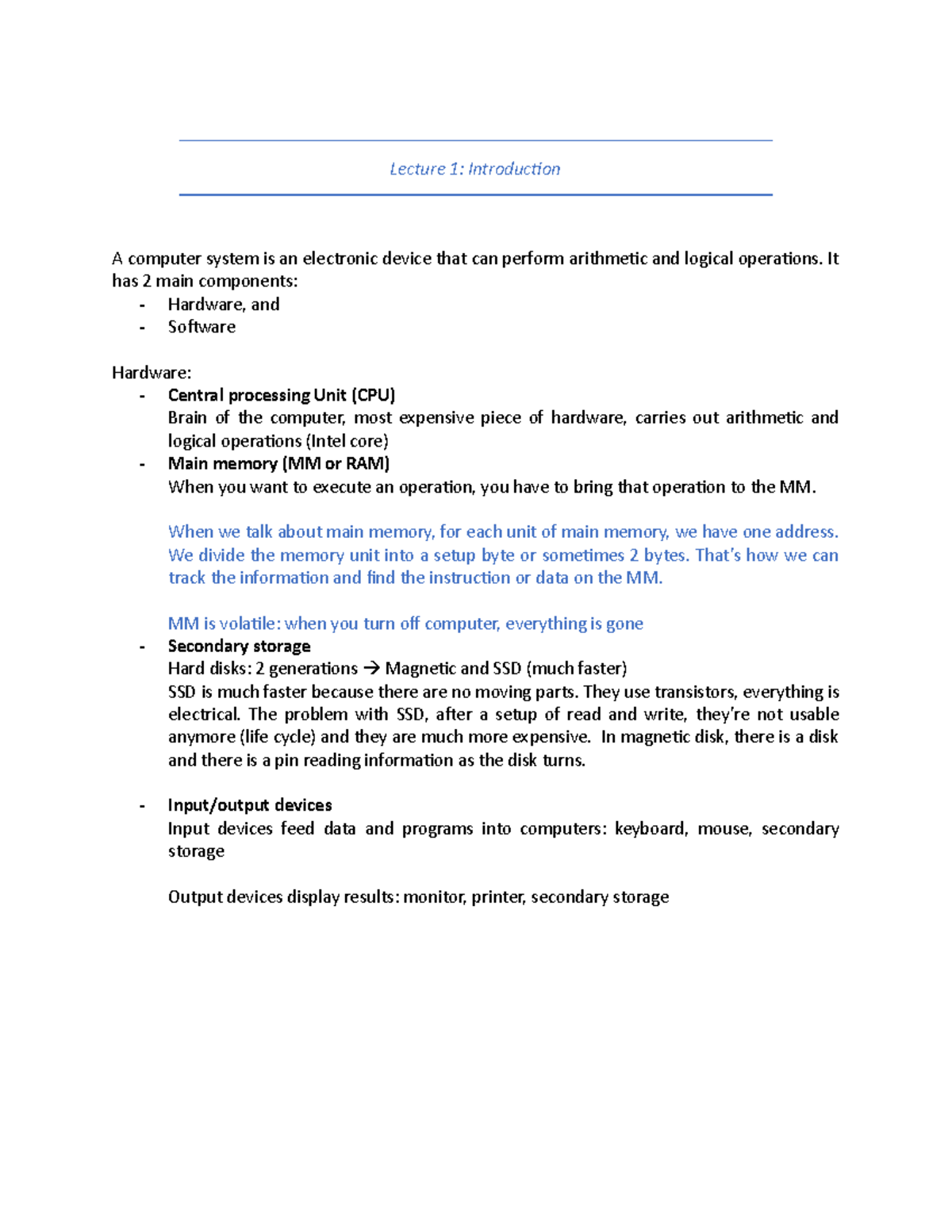 QUIZ 1 COEN243 - SUMMARY OF LECTURES BEFORE MIDTERM - Lecture 1: Introduction A computer system ...