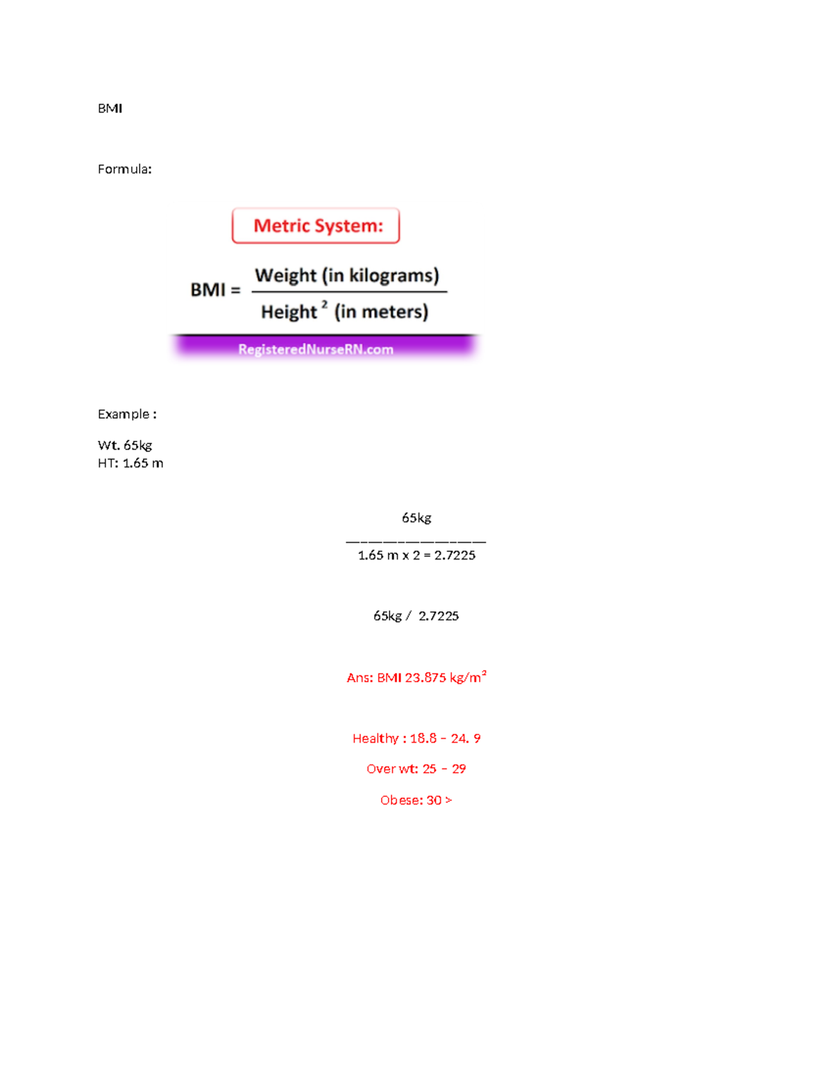BMI - body mass index - Physical Education 2 - BMI Formula: Example ...