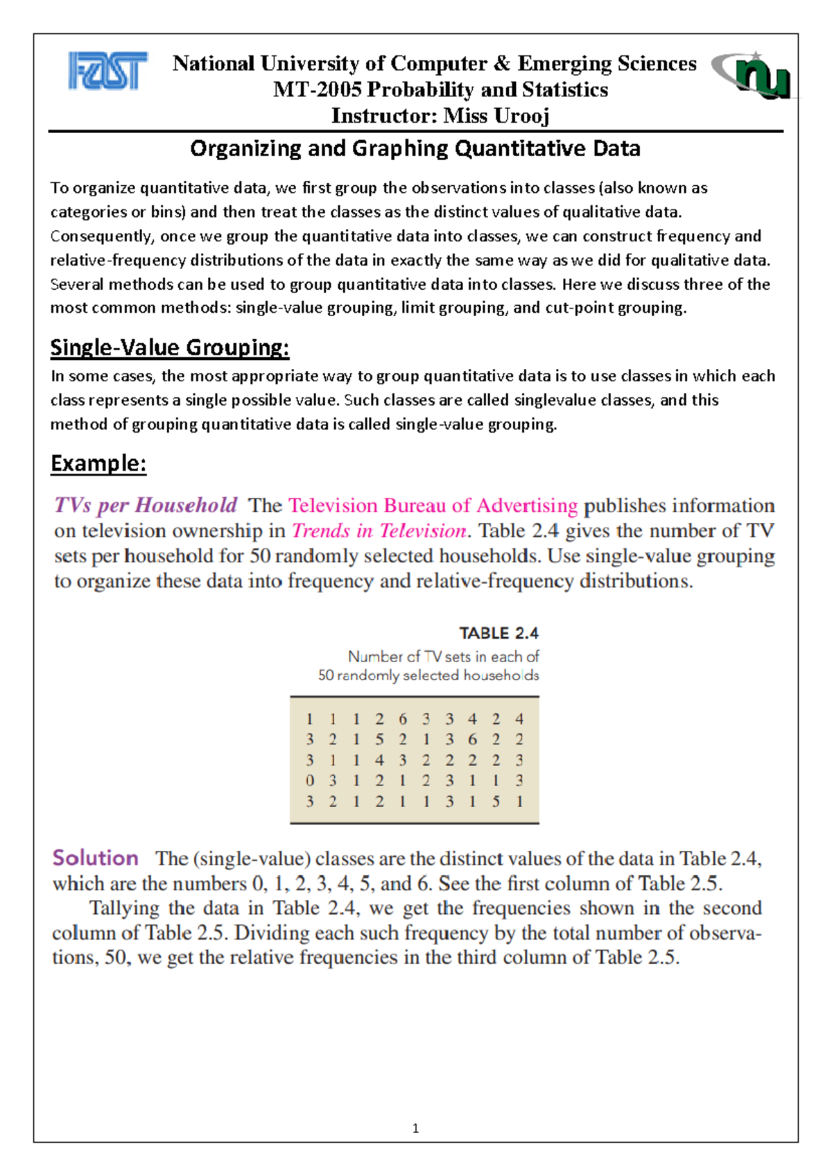 Organizing and Graphing Quantiative Data - National University of ...