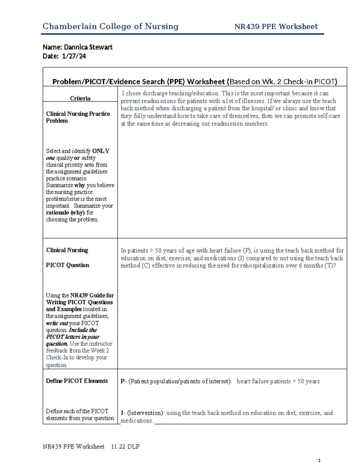 PICOT question PPE worksheet - Chamberlain College of Nursing NR439 PPE ...