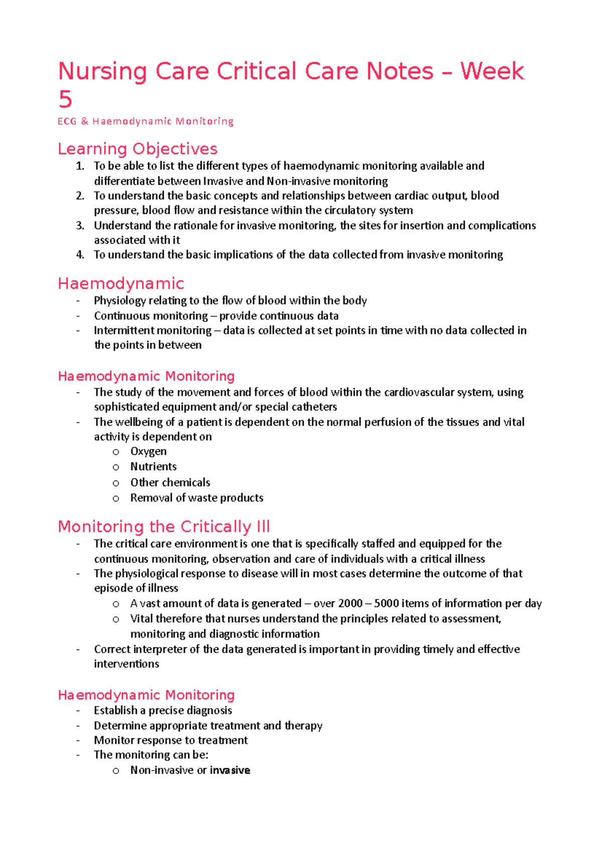 Nursing Care Critical Care Notes – Week 5 - , Inotropes o Patients in ...