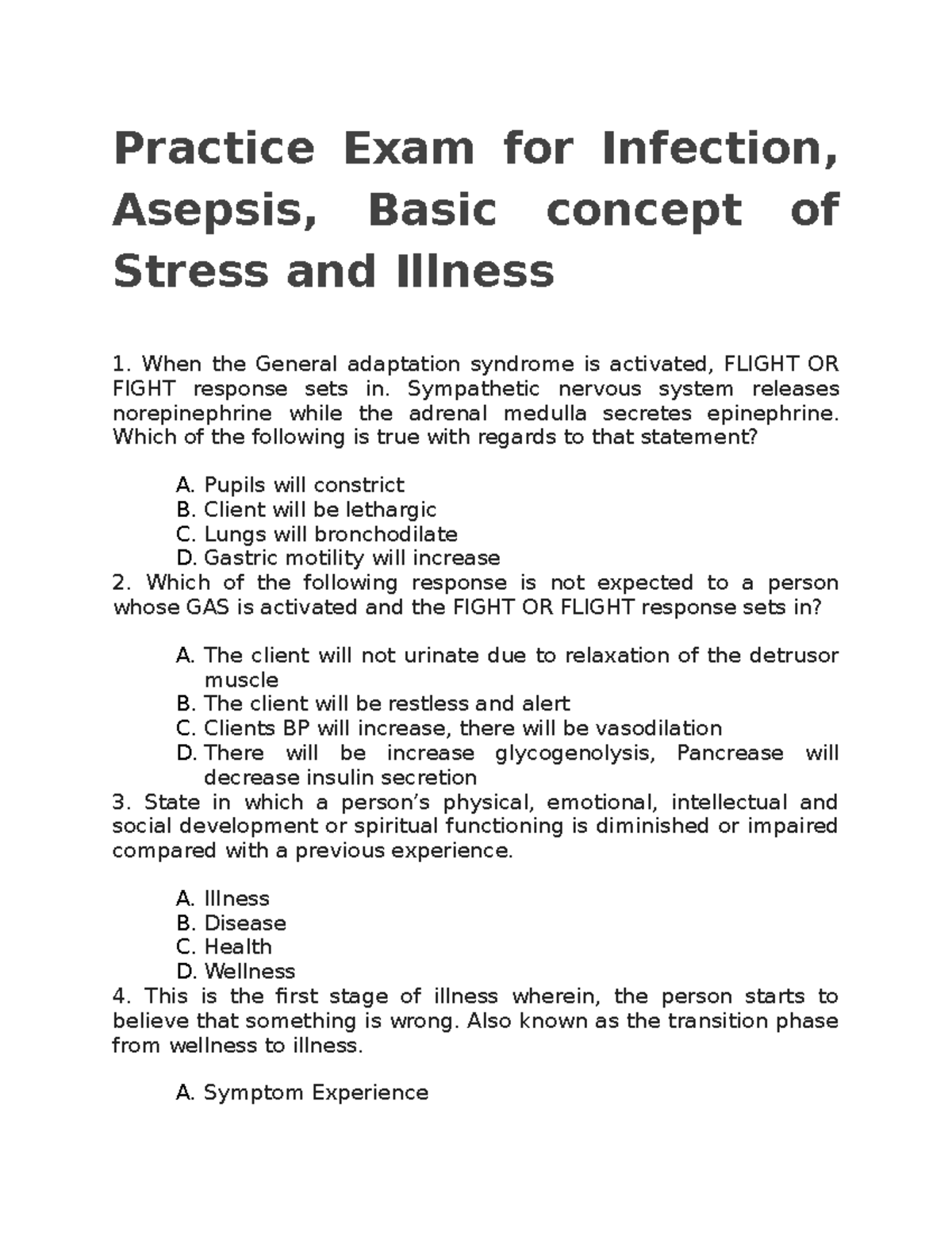 Foundation of Nursing Practice Exam for Infection, Asepsis, Basic ...