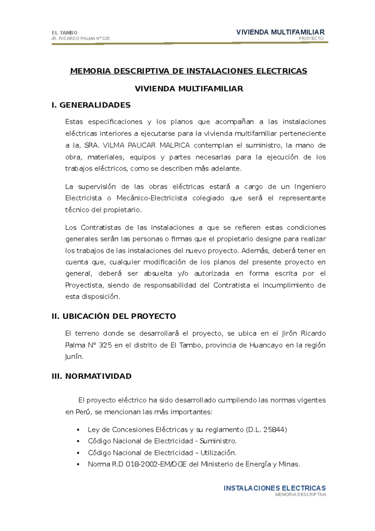 4 MD II Electricas - JR. RICARDO PALMA N° 325 PROYECTO MEMORIA DESCRIPTIVA DE INSTALACIONES ...
