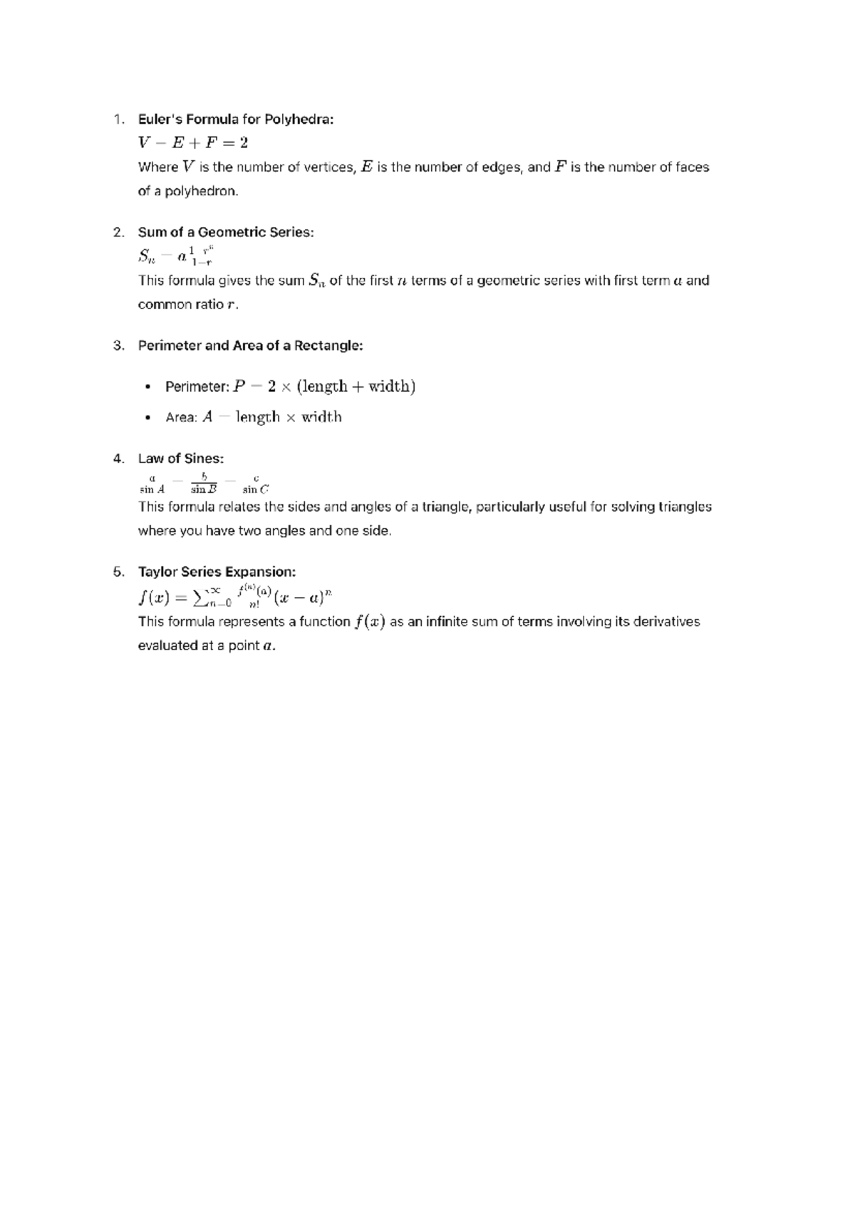 formulas mathematics cheat sheet 3 - 1. Formula for Polyhedra: V E F 2 ...