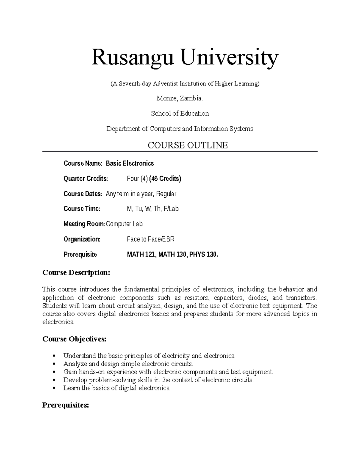 Basic Electronics Course Outline - Rusangu University (A Seventh-day ...
