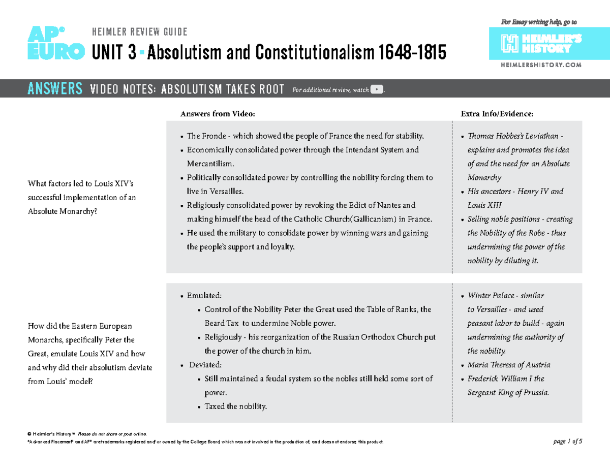AP EURO HRG Unit 3 Noteguide Answers - © Heimler’s History TM Please do ...