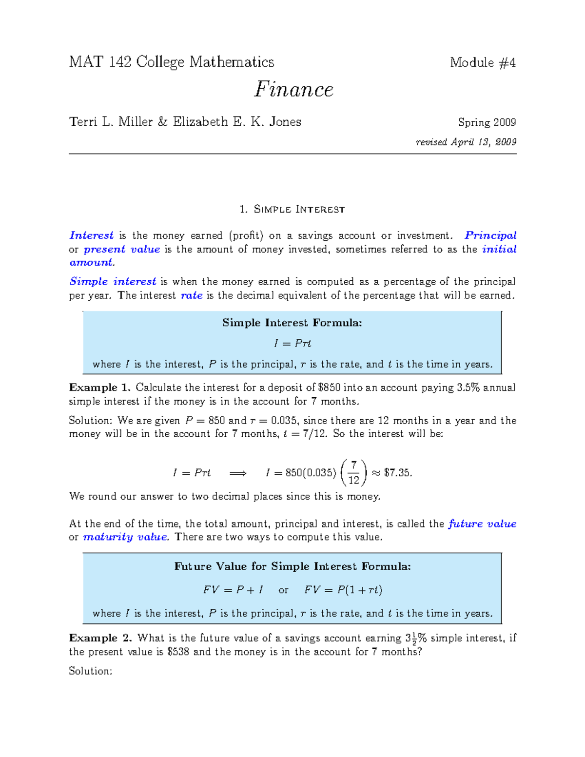 Finance - Sample - MAT 142 College Mathematics Module Finance Terri L ...