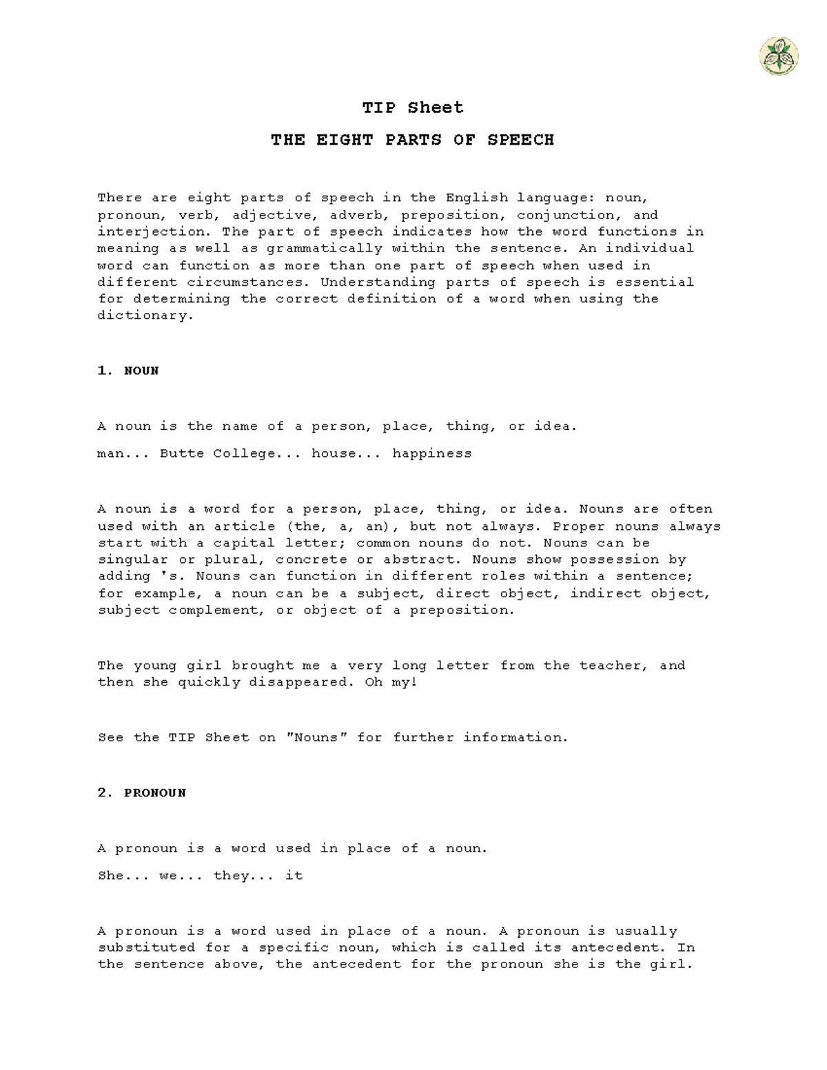 TIP Sheet (Parts Of Speech) - TIP Sheet THE EIGHT PARTS OF SPEECH There ...