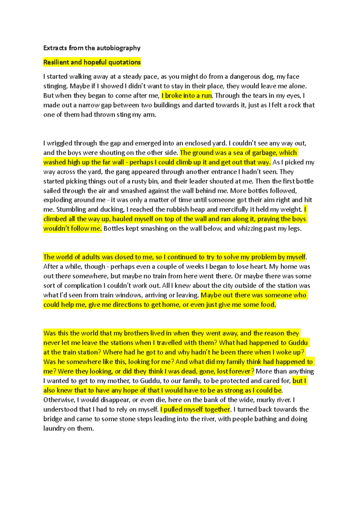 Assessment Extracts lion - Extracts from the autobiography Resilient ...