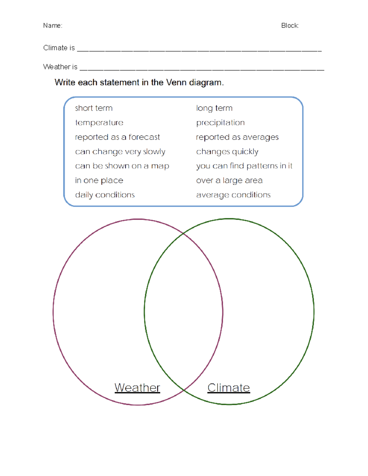 Climate vs Weather Venn Diagram - bsc 1011 - Name: Block: Climate is ...