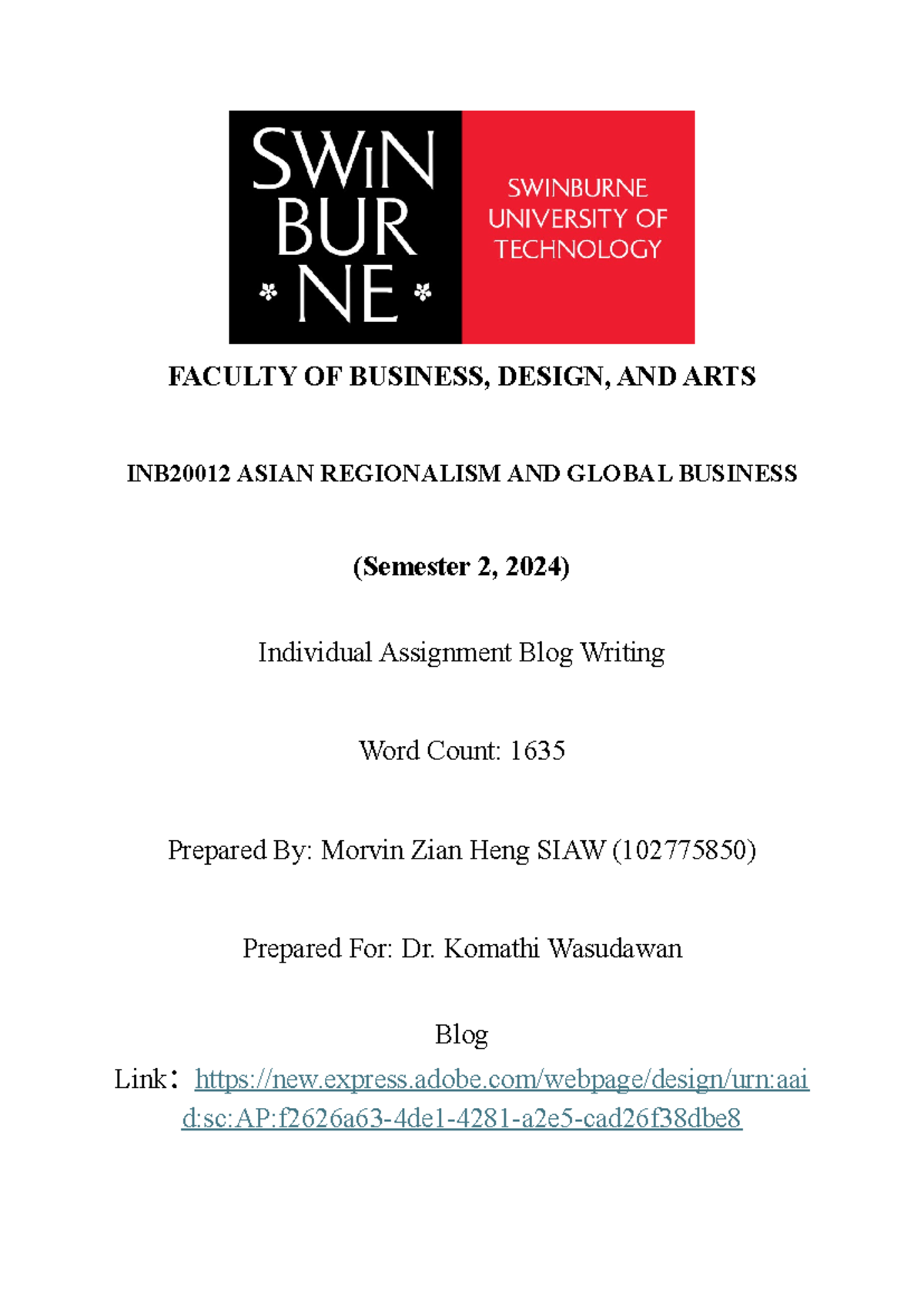 Individual Blog Assignment - FACULTY OF BUSINESS, DESIGN, AND ARTS ...
