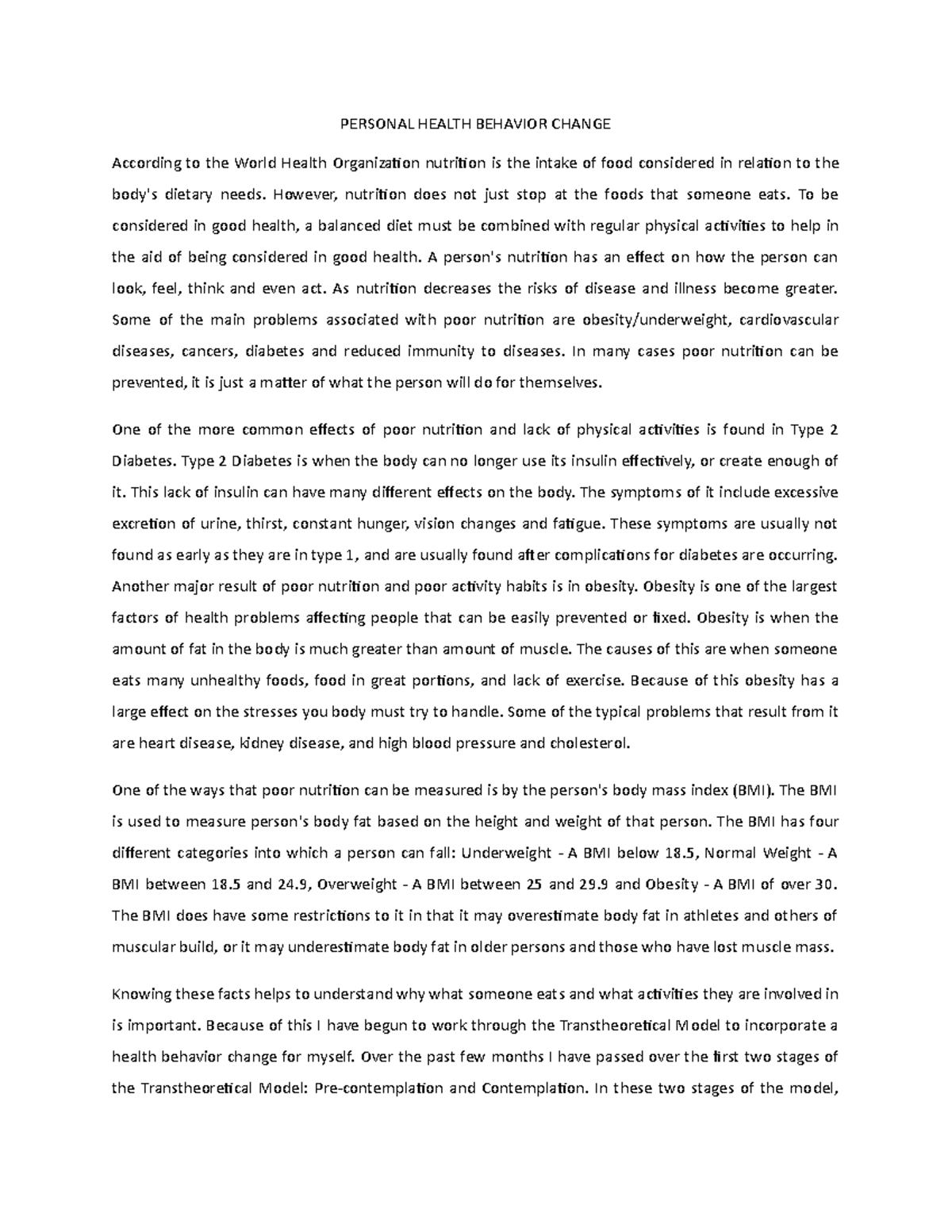 HPER 1110 final project example 1 - PERSONAL HEALTH BEHAVIOR CHANGE ...