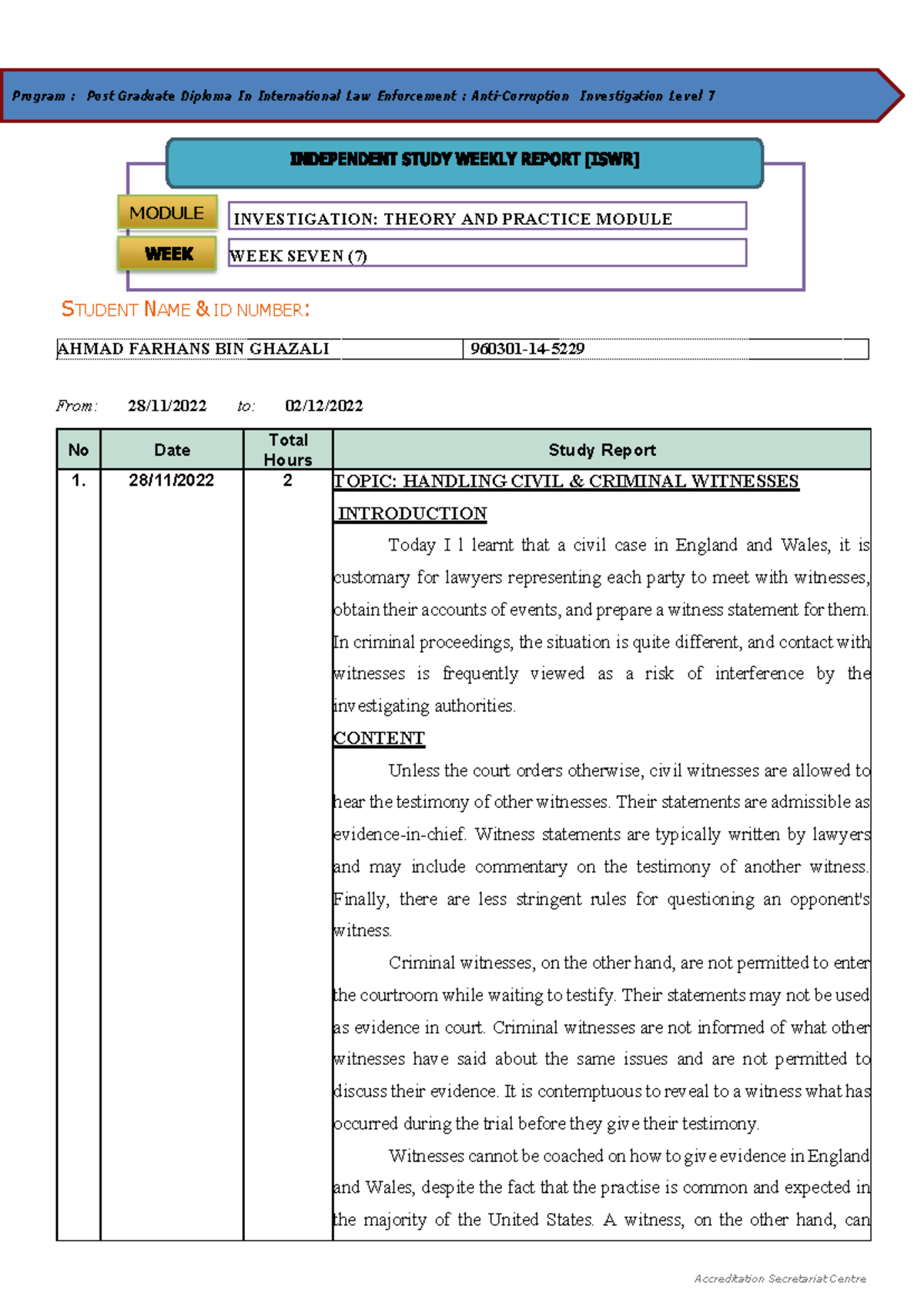 WEEK 7-( Investigation Module) - Program : Post Graduate Diploma In ...