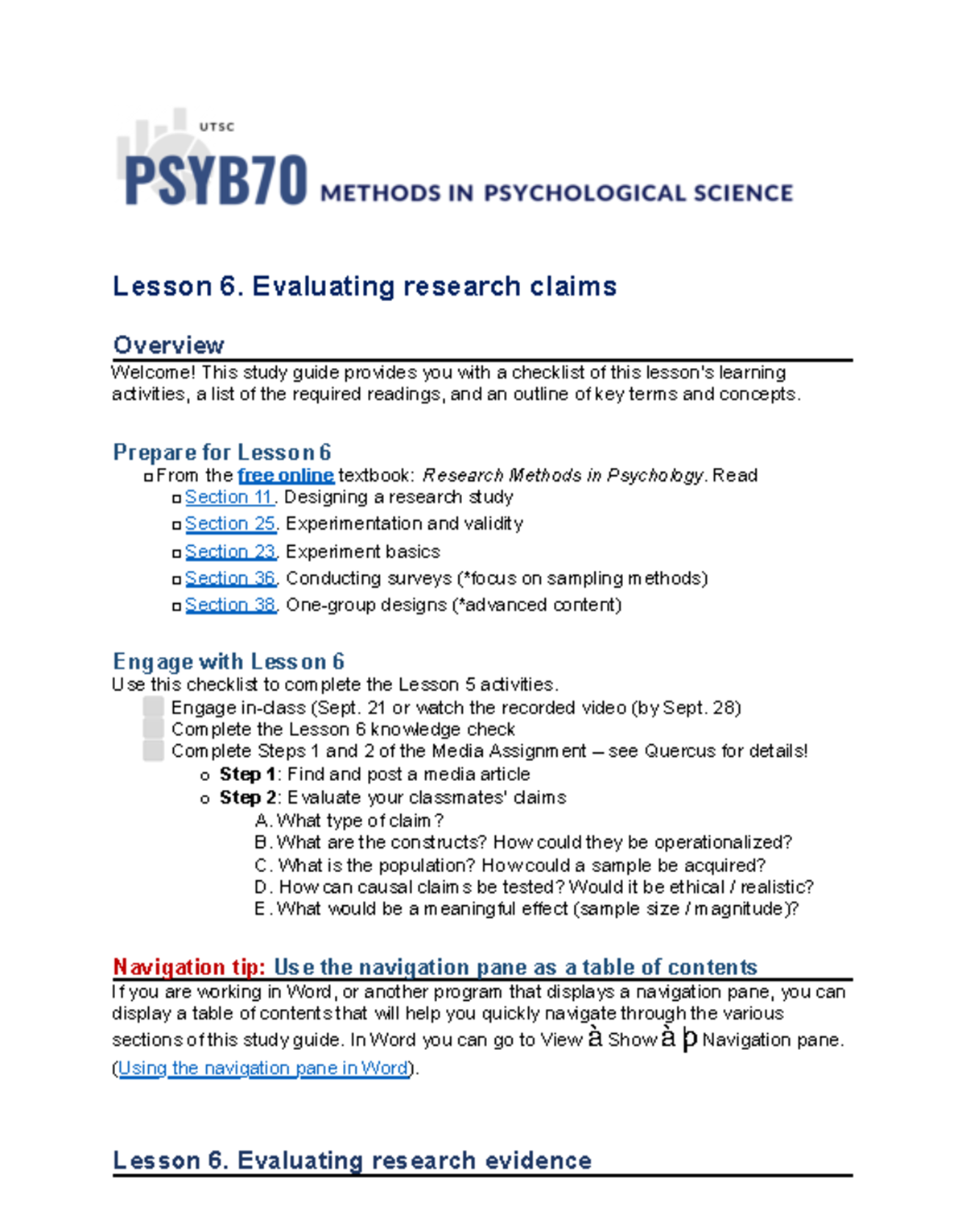 PSYB70 Lesson 6 Study Guide - ####### Lesson 6. Evaluating research ...