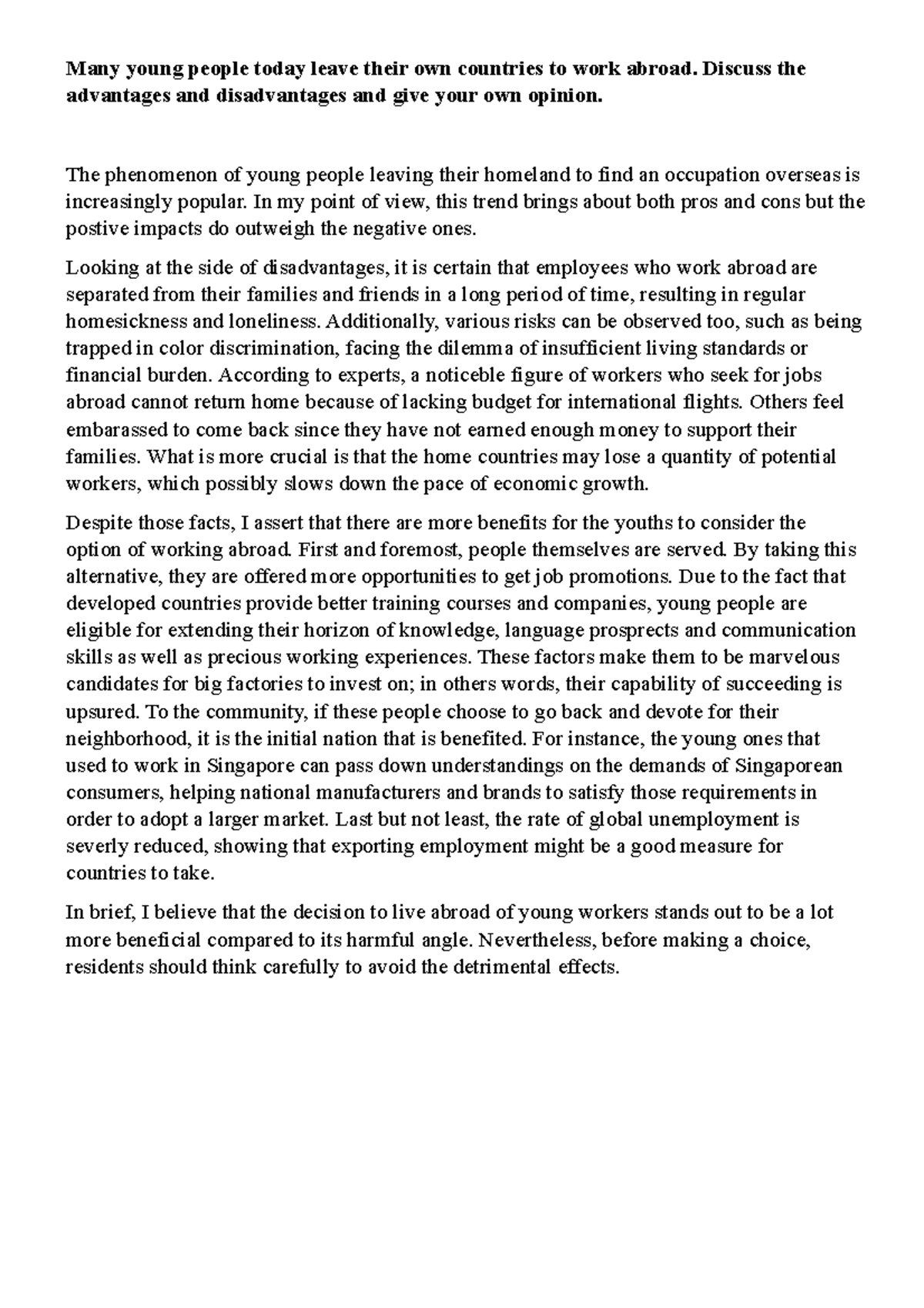Essays - Many young people today leave their own countries to work ...