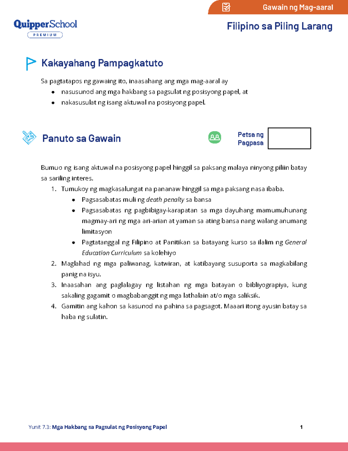 Yunit 7 Worksheet 2 - Filipino sa Piling Larang Kakayahang Pampagkatuto ...