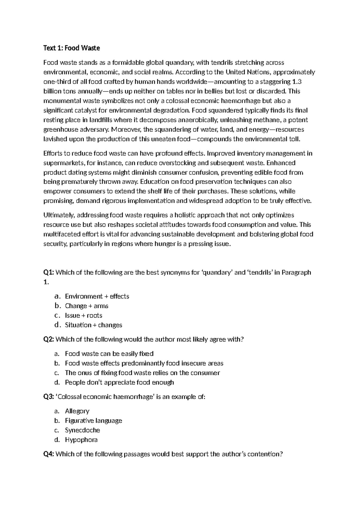 Reading Comprehension Questions Mixed - Text 1: Food Waste Food waste ...