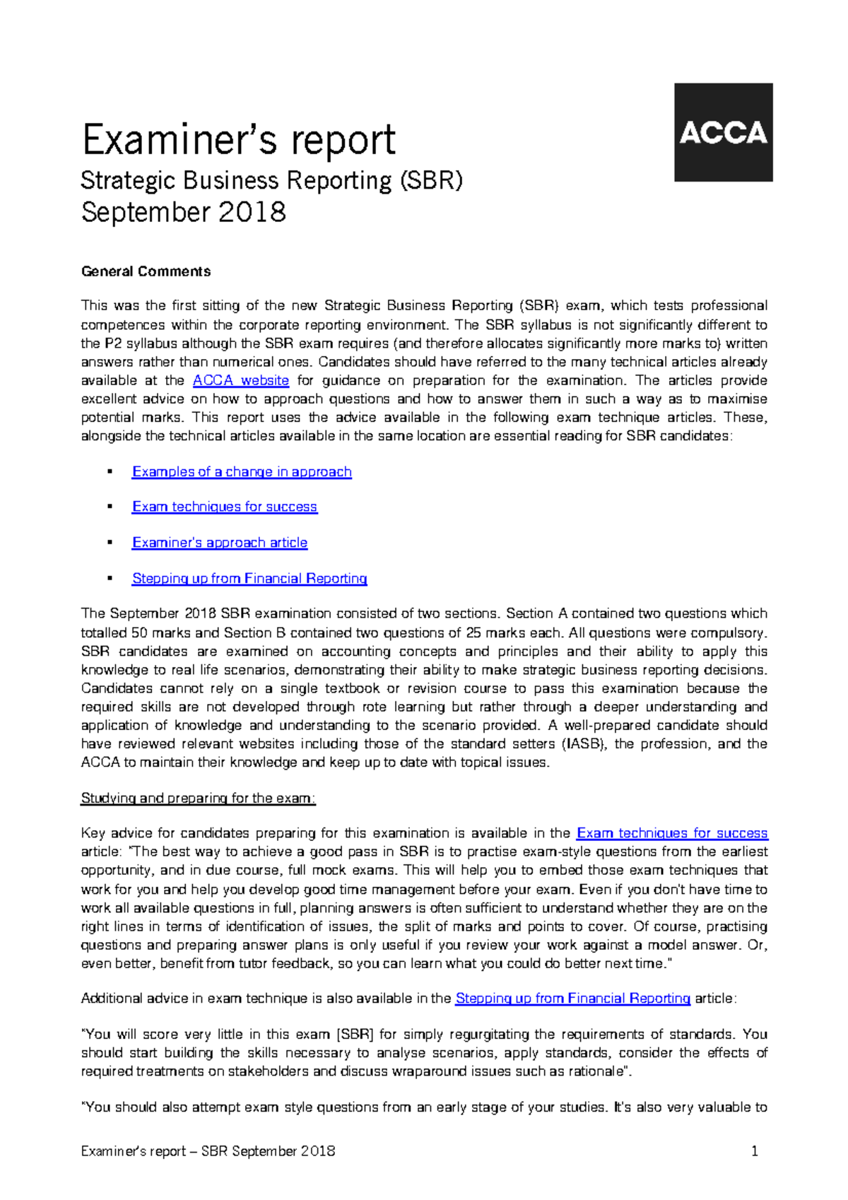 Sbr Examreport S18 Examiners Report Strategic Business Reporting