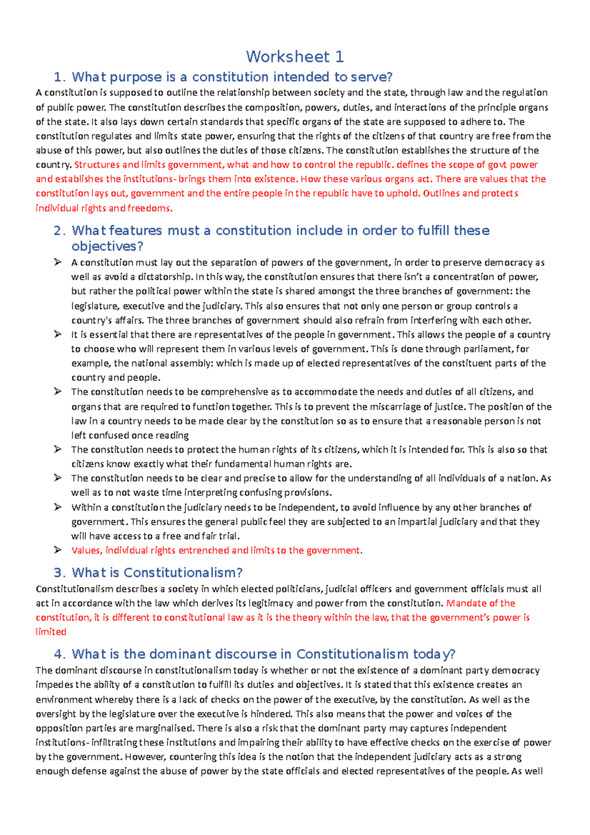 Worksheet 1 - Worksheet 1 1. What purpose is a constitution intended to ...