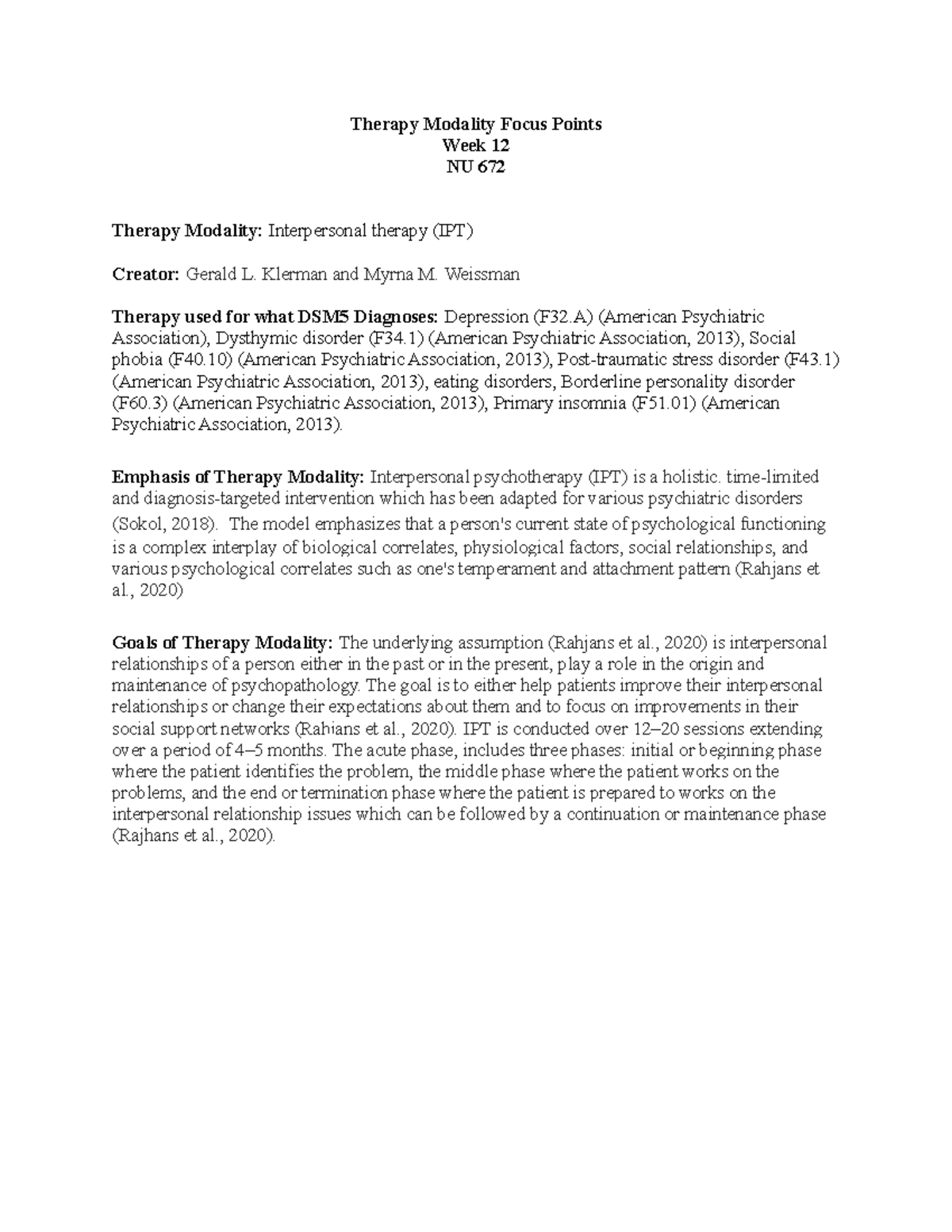 IPT Therapy Modality - Therapy Modality Focus Points Week 12 NU 672 ...