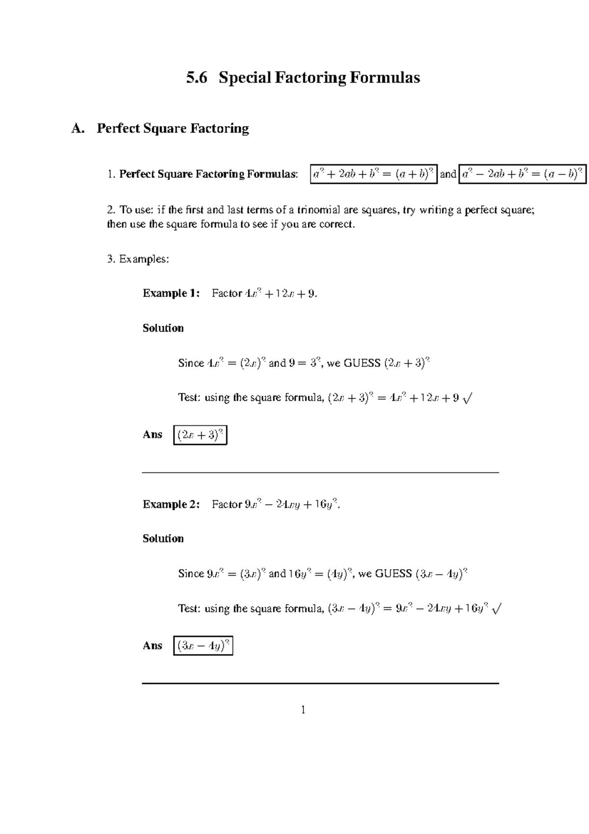 5.6 Special Factoring Formulas - 5 Special Factoring Formulas A ...