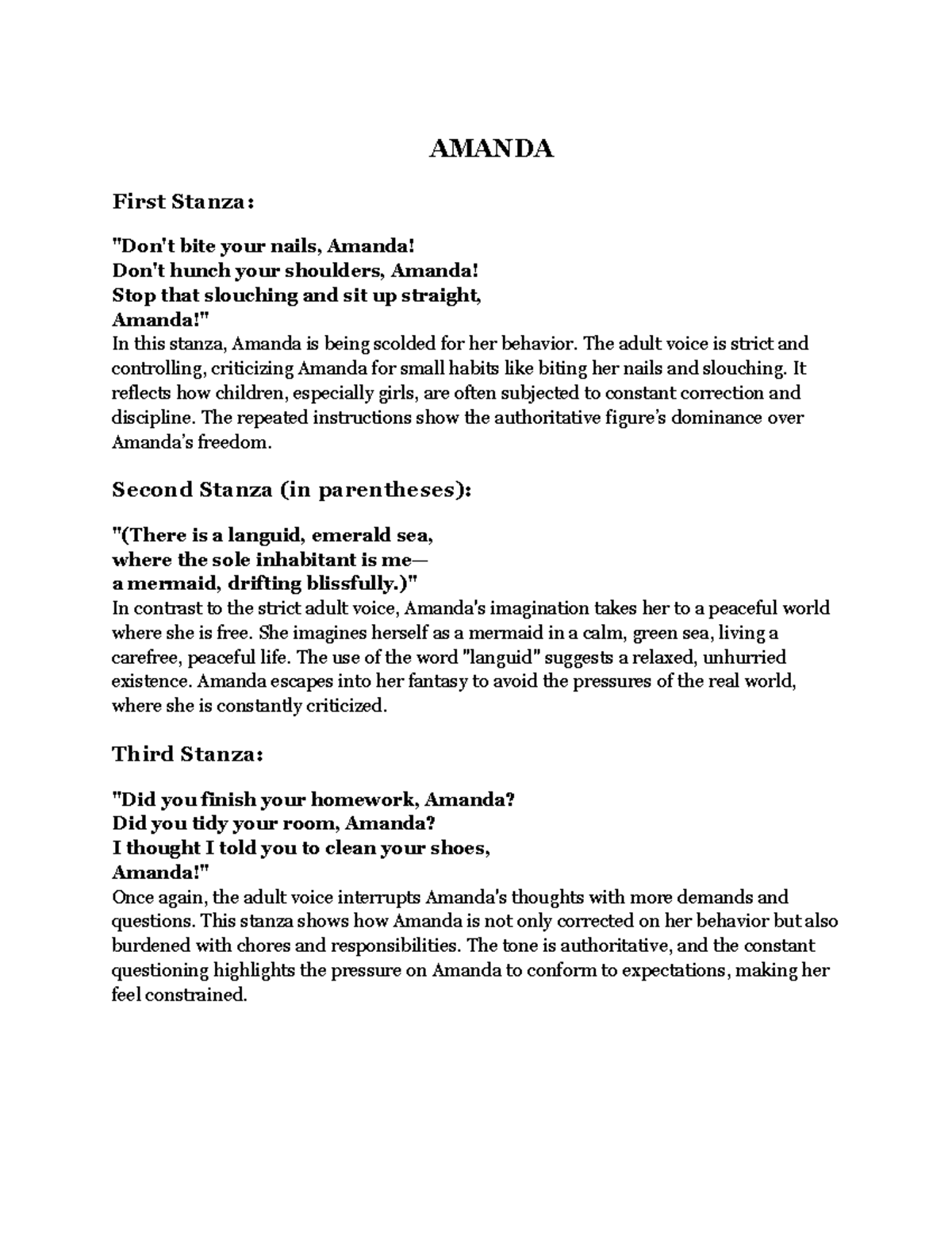 Amanda Poem Notes - AMANDA First Stanza: "Don't bite your nails, Amanda ...