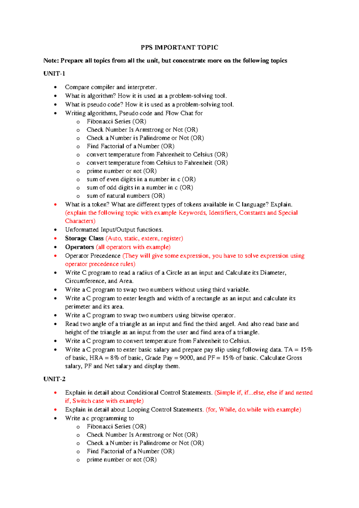 21CSS101J Important Questions - PPS IMPORTANT TOPIC Note: Prepare all ...