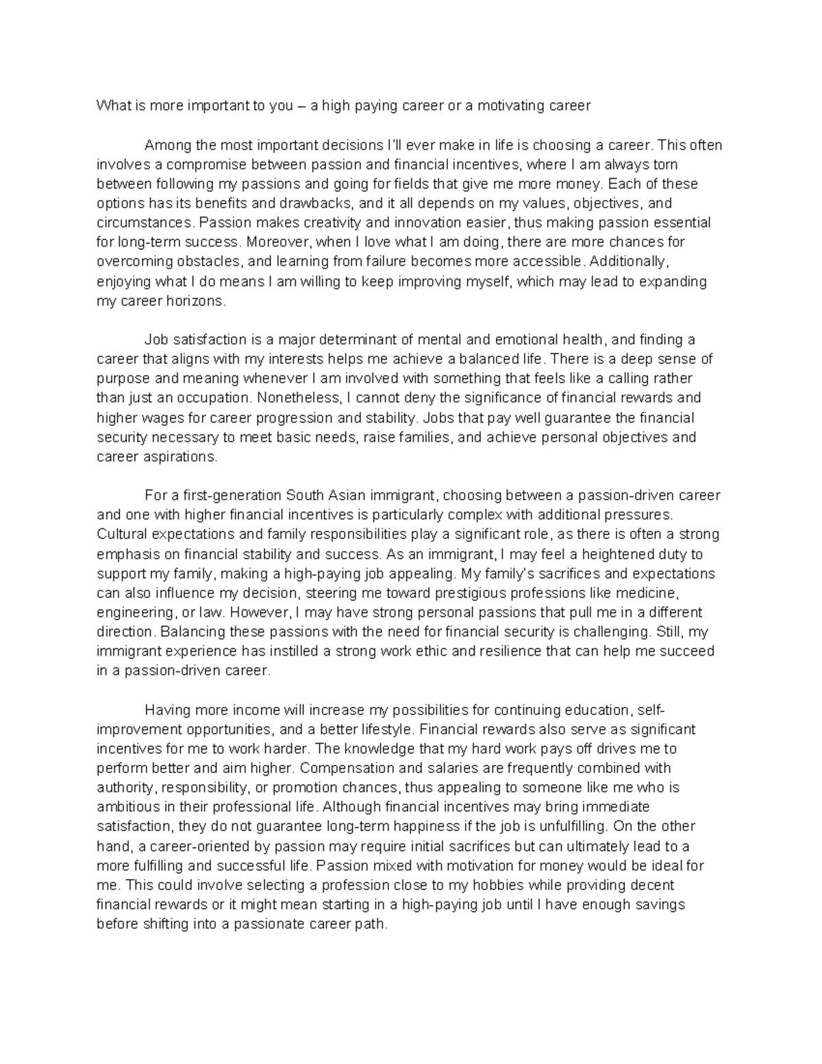 ADMS 2400 Relection #3 - What is more important to you – a high paying ...