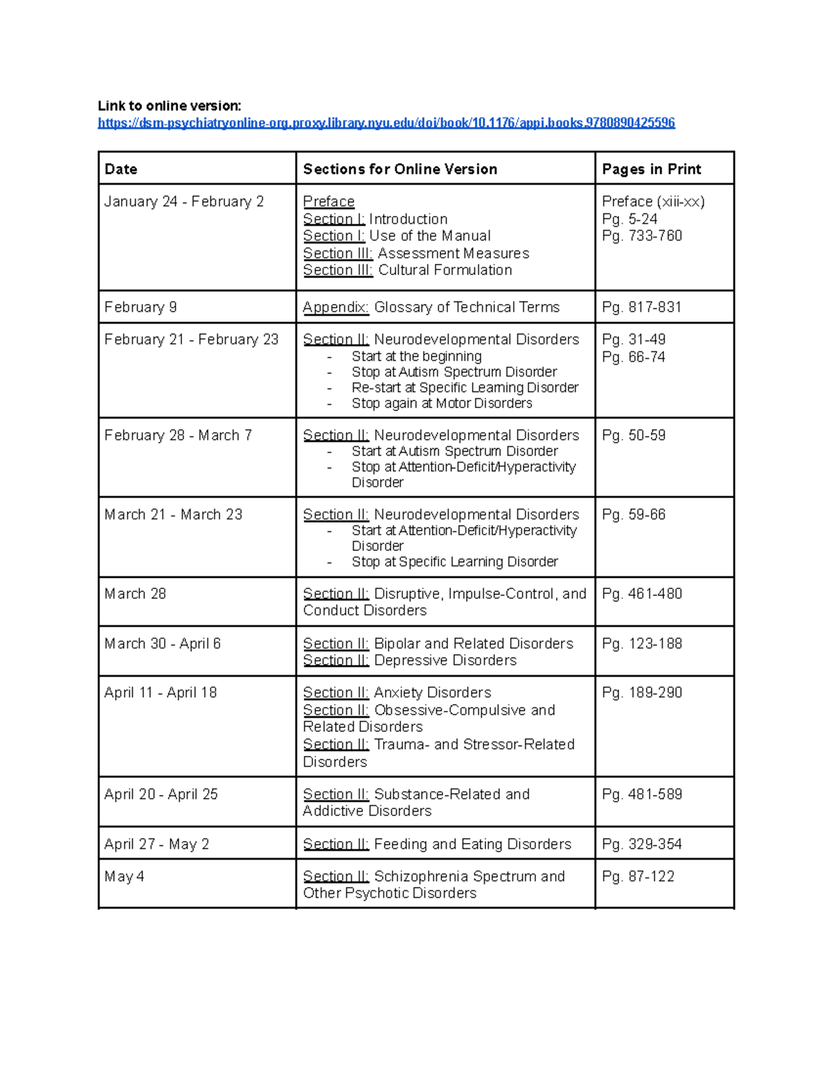 DSM-5 Reading Assignments - Online vs. Print (Spring 2023) - Link to ...