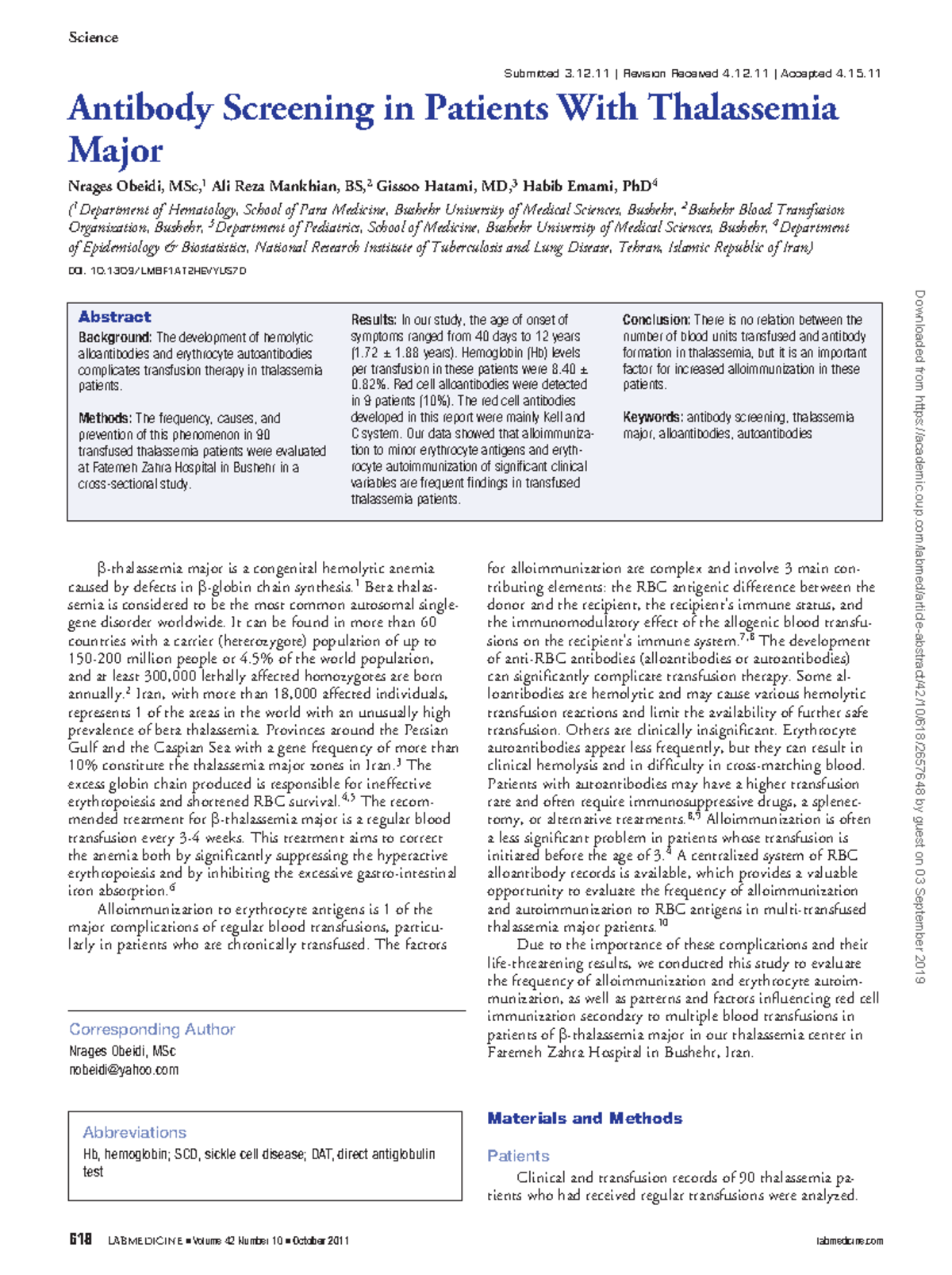 Thalassemia major - Lecture notes 1 - 618 LAB MEDICINE Volume 42 Number ...