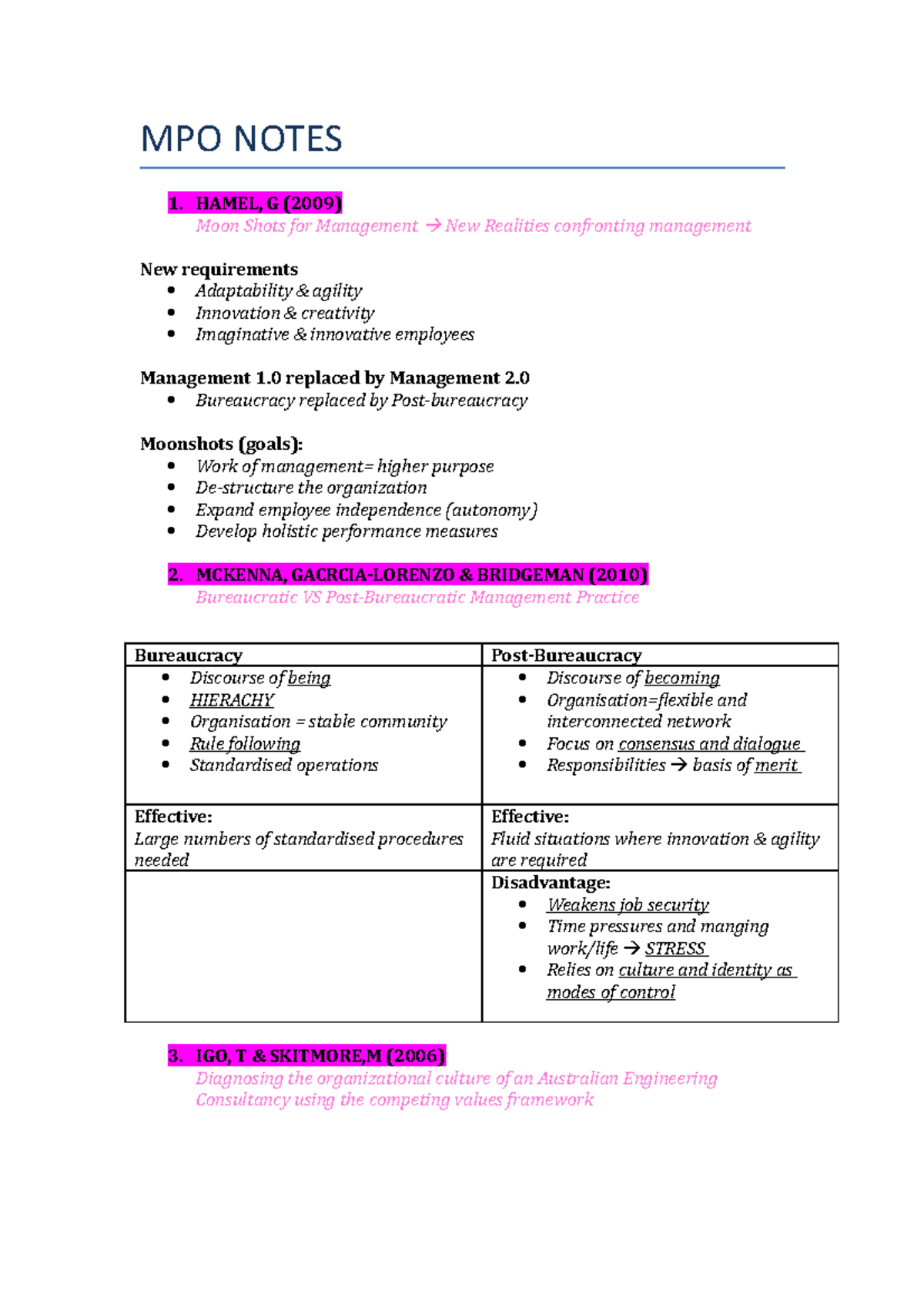 MPO- Notes - MPO NOTES 1. HAMEL, G (2009) Moon Shots for Management New ...