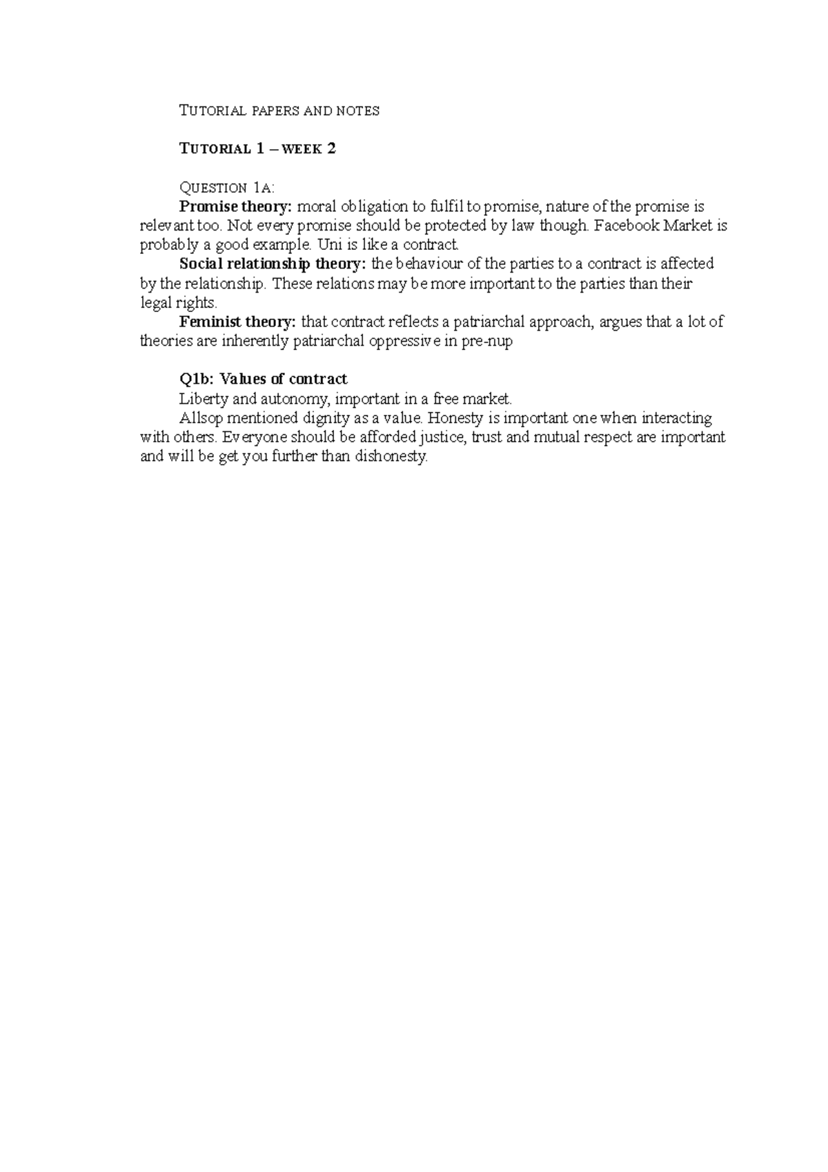 Contract tute week 2 - Formation - TUTORIAL PAPERS AND NOTES TUTORIAL 1 ...