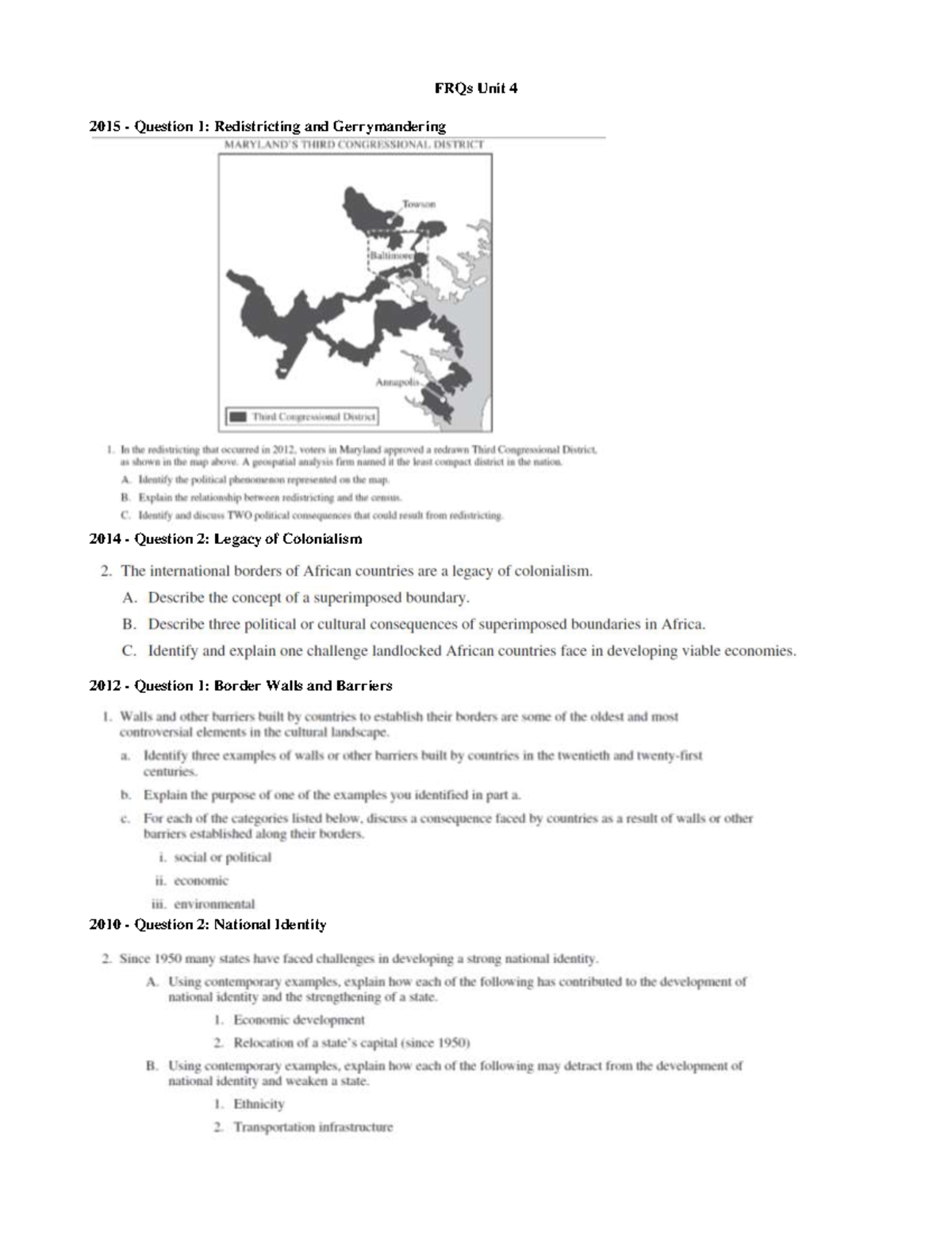 Unit 4 - Practice MCQ - FRQs Unit 4 2015 - Question 1: Redistricting ...