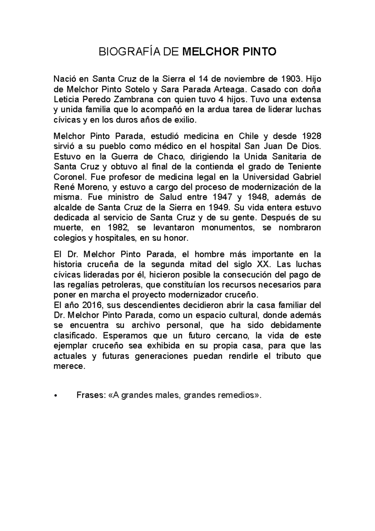 Biografía DE Melchor Pinto - BIOGRAFÍA DE MELCHOR PINTO Nació en Santa ...