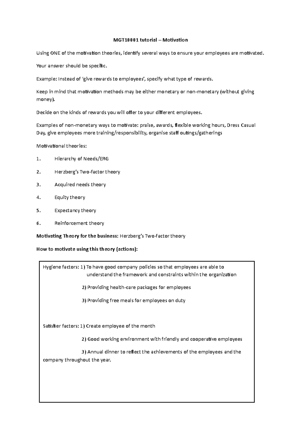Motivation ( Management) - MGT10001 tutorial – Motivation Using ONE of ...