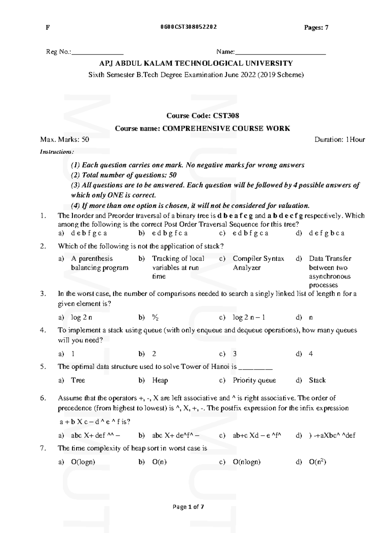 2022 JUNE - eeewfef - Course Code: CST 308 Course name: COMPREHENSIVE COURSE WORK Max. Marks: 50 ...