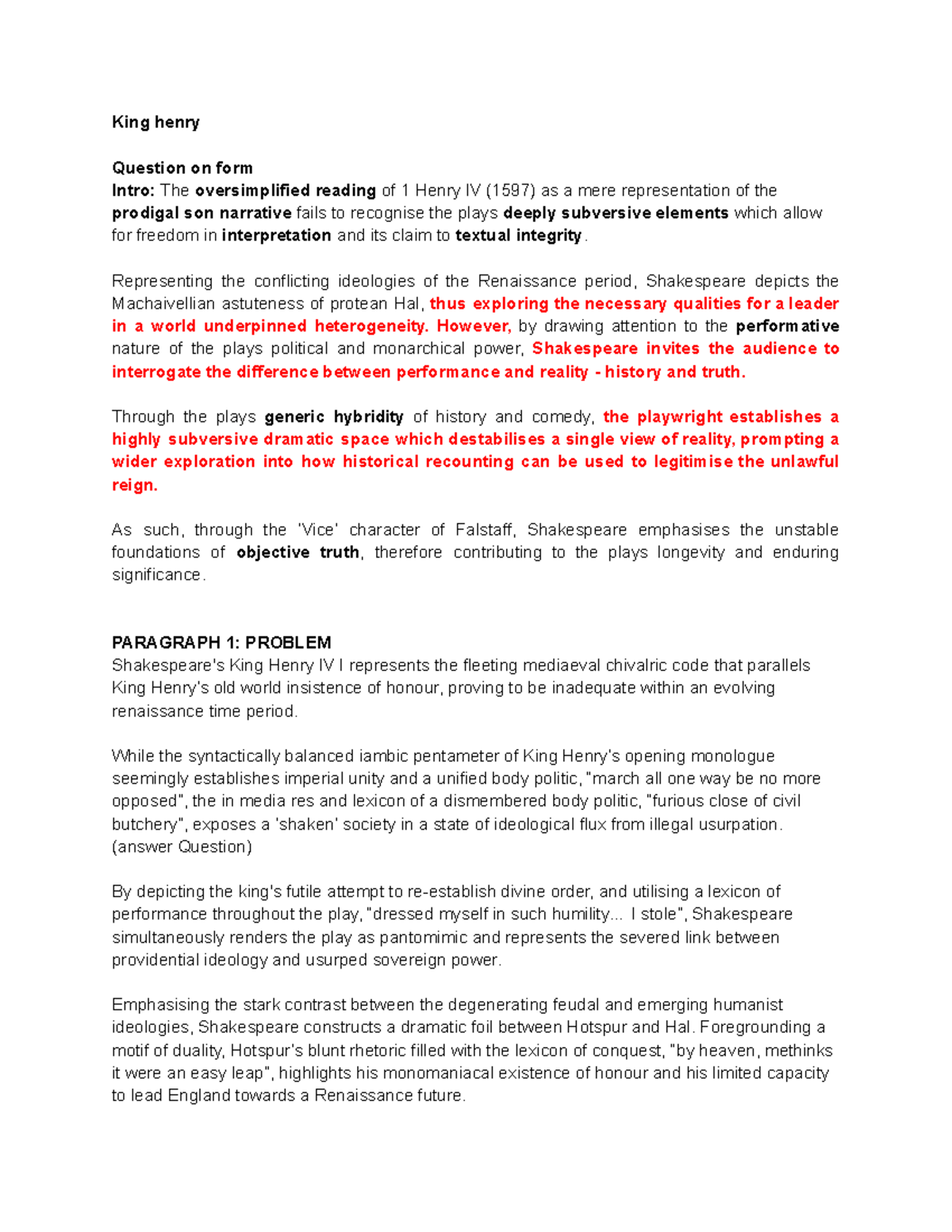 HSC essays - King henry Question on form Intro: The oversimplified ...